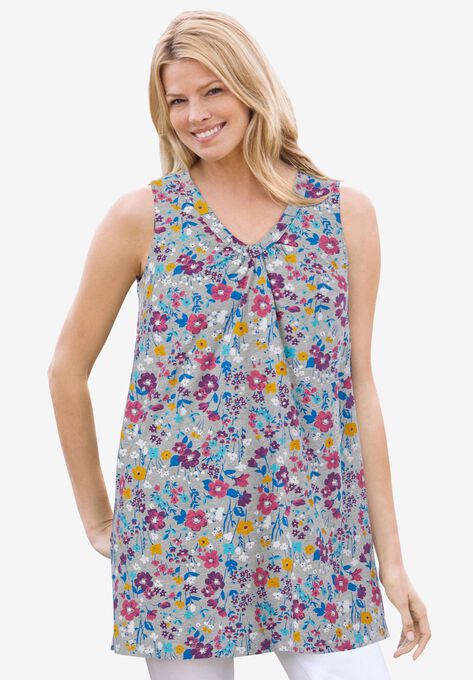 Perfect Printed Sleeveless Shirred V-Neck Tunic | Woman Within