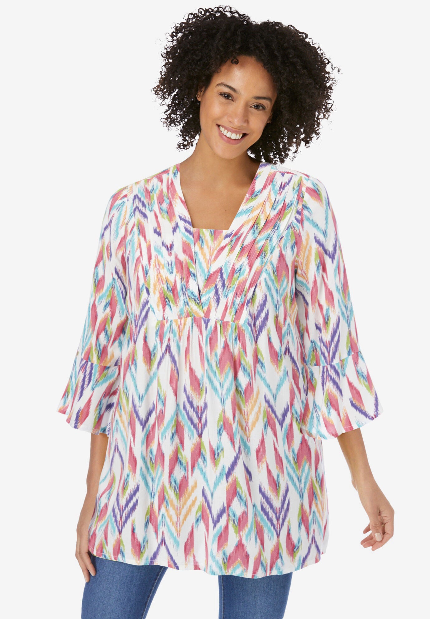 Bell-Sleeve V-Neck Tunic for Women - A-Line Shape, Primrose Yellow Leaf ...