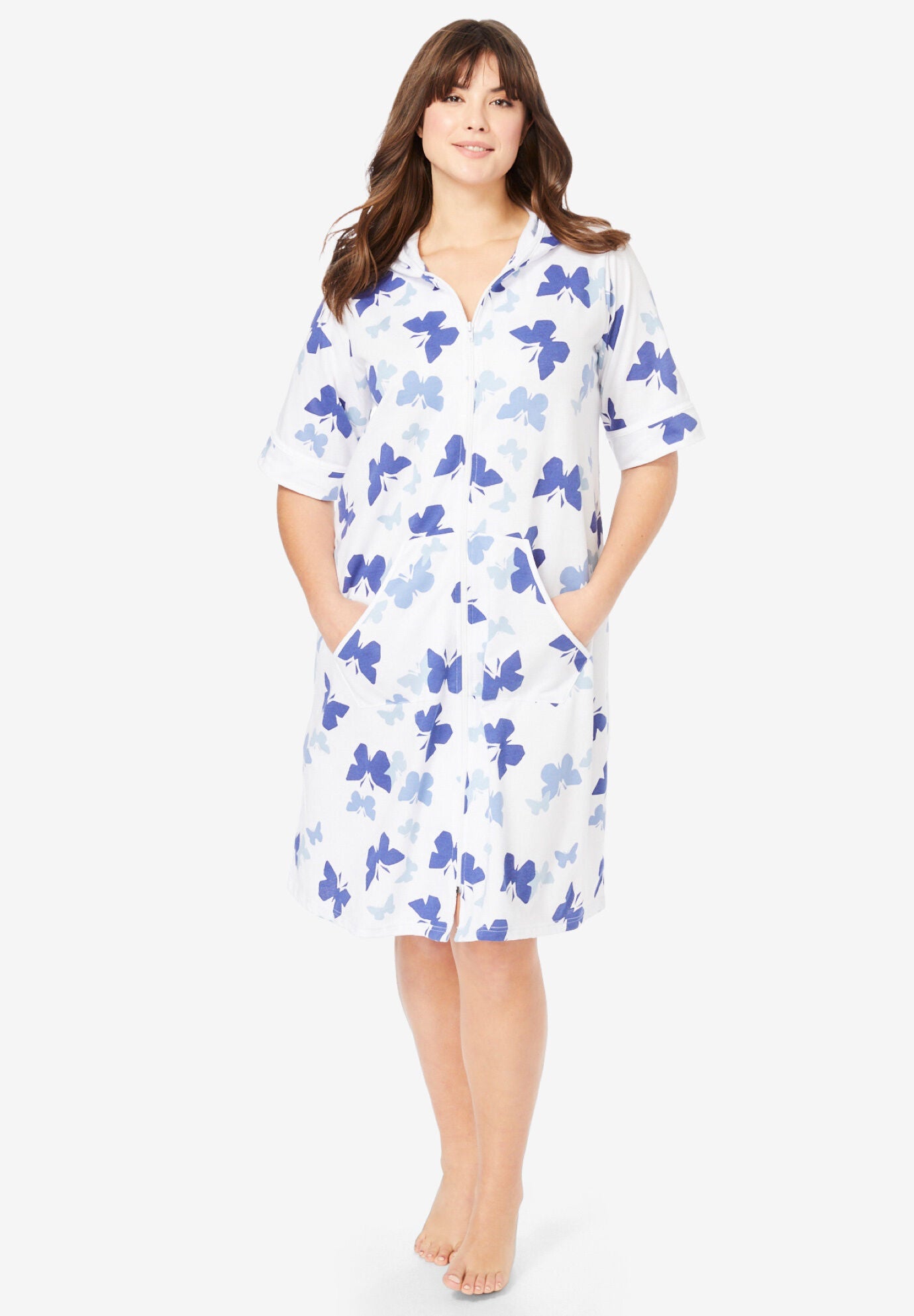 Short French Terry Hooded Robe for Women, White Butterfly | Woman Within