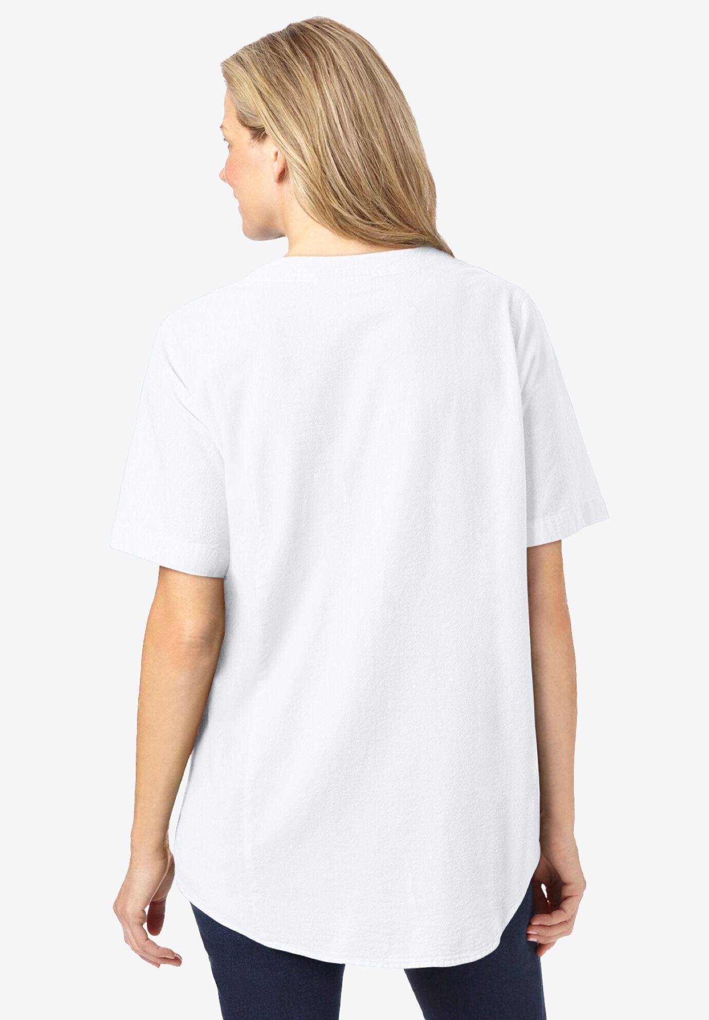 Short-Sleeve Crinkle Shirt - Relaxed Fit Cotton, White | Woman Within