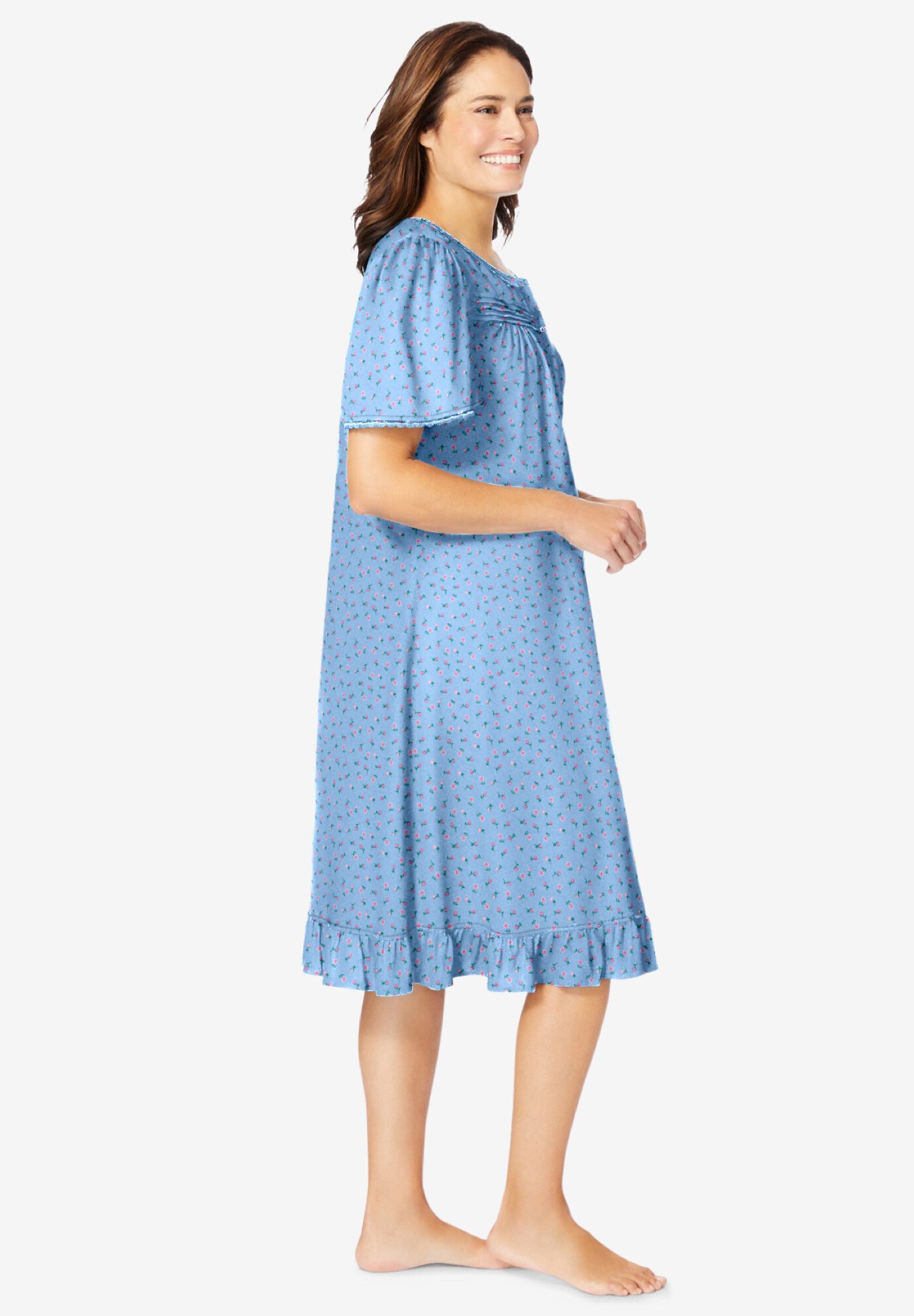 Floral Cotton Gown - Short Flutter Sleeve, Sky Blue Ditsy | Woman Within