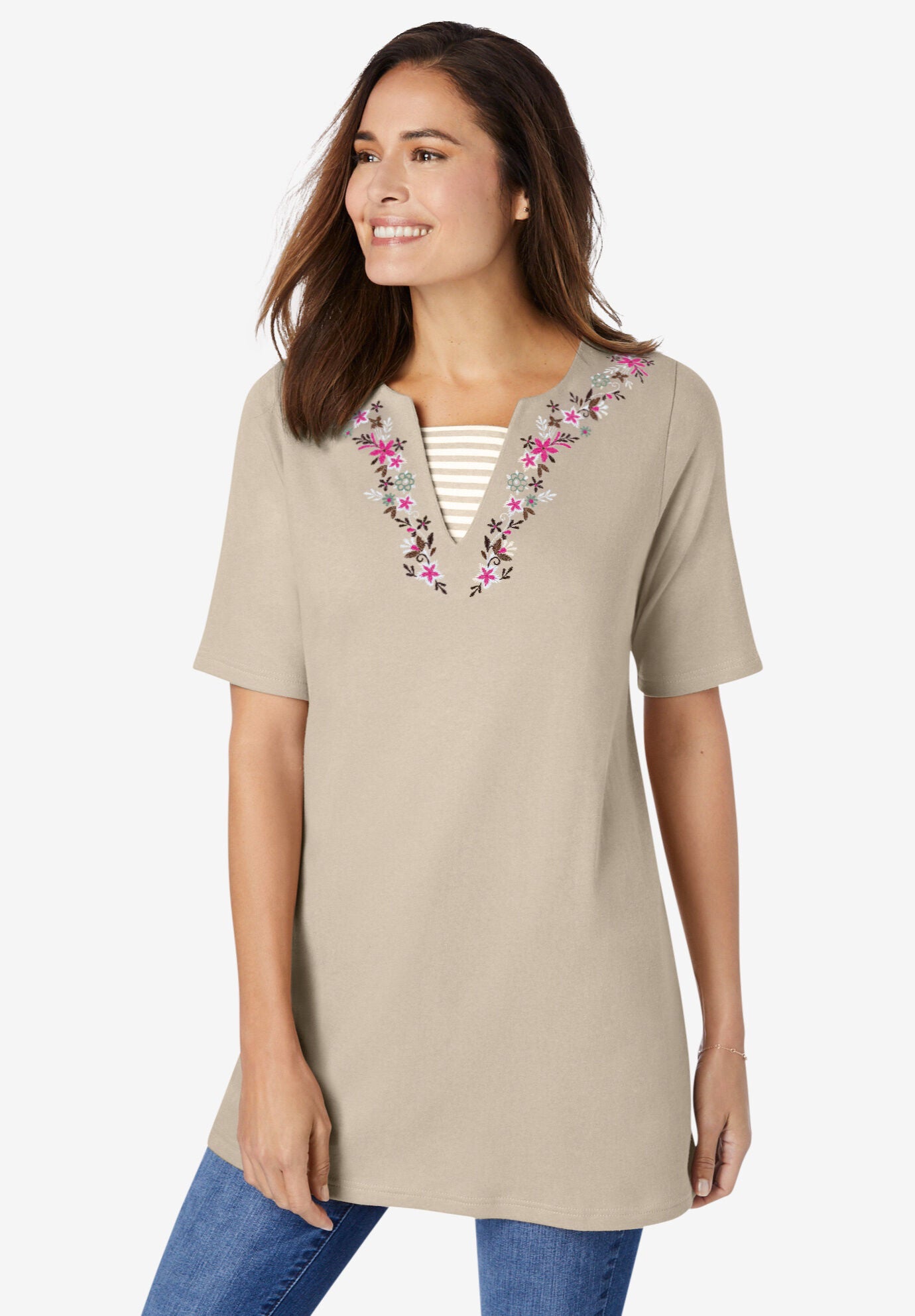 Plus Size Embroidered Layered-Look Tunic, Natural Khaki Flower ...