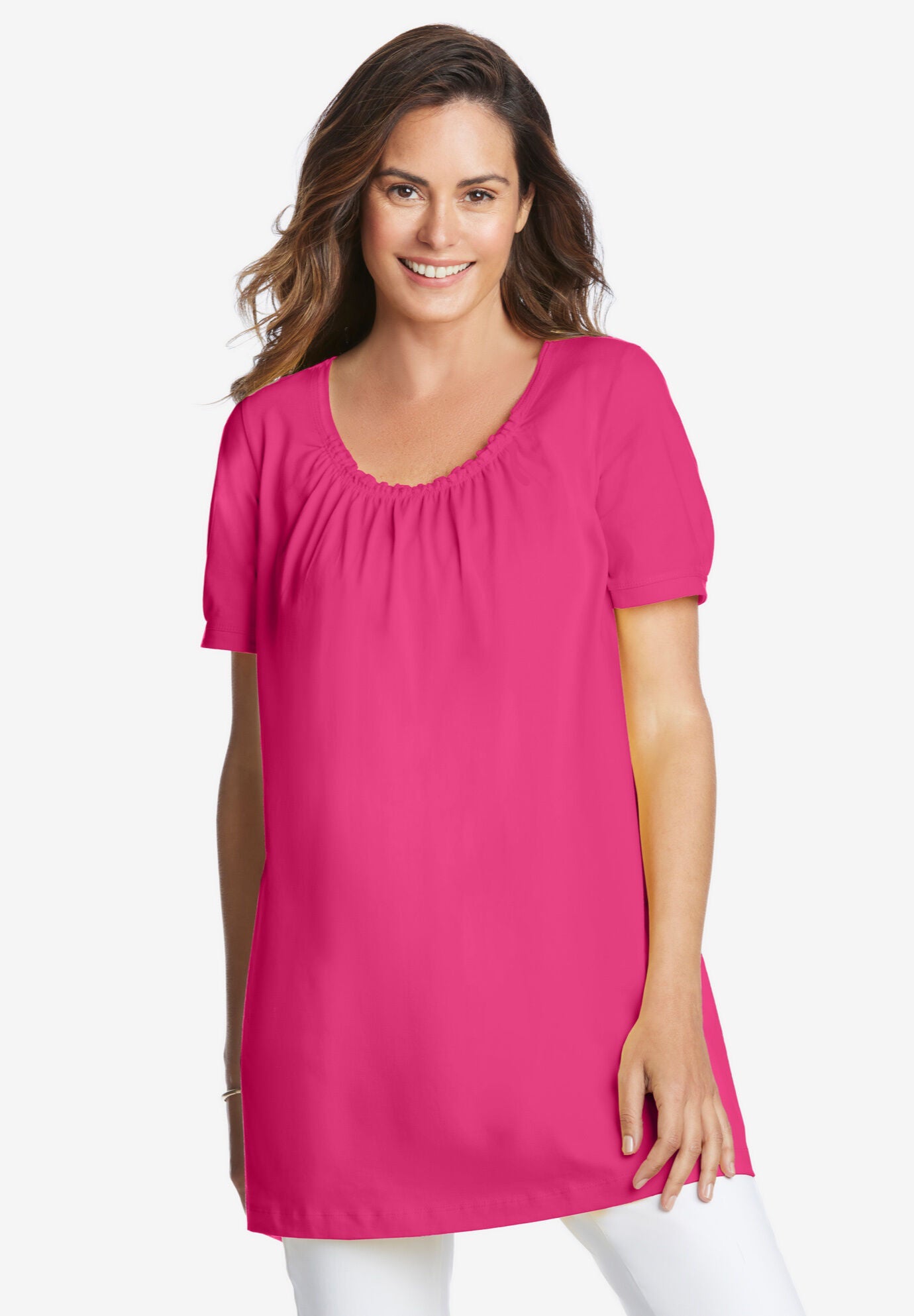 Perfect Short-Sleeve Shirred U-Neck Tunic | Woman Within