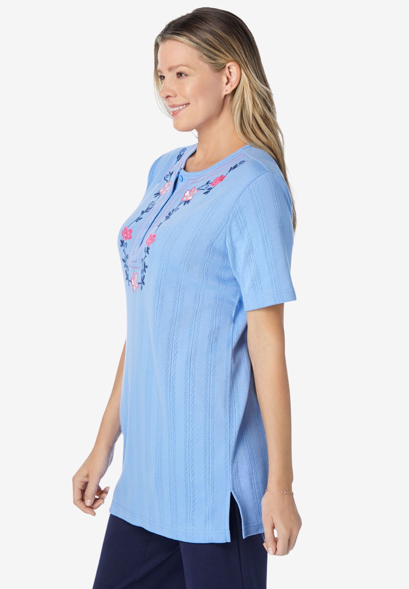 Embroidered Pointelle Tunic - 7-Day Design, Ivory Floral Embroidery ...