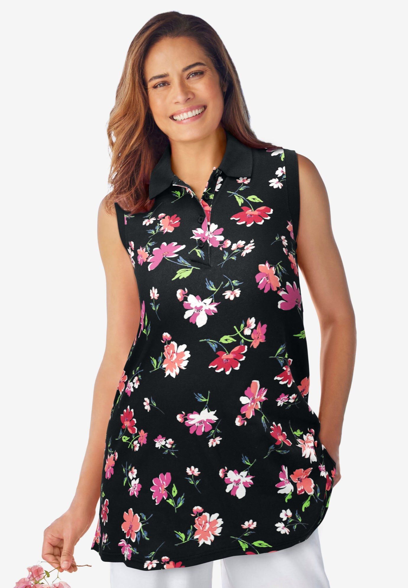 Sleeveless Polo Tunic - Rib Knit Detail Top, Black Multi Floral | Woman ...