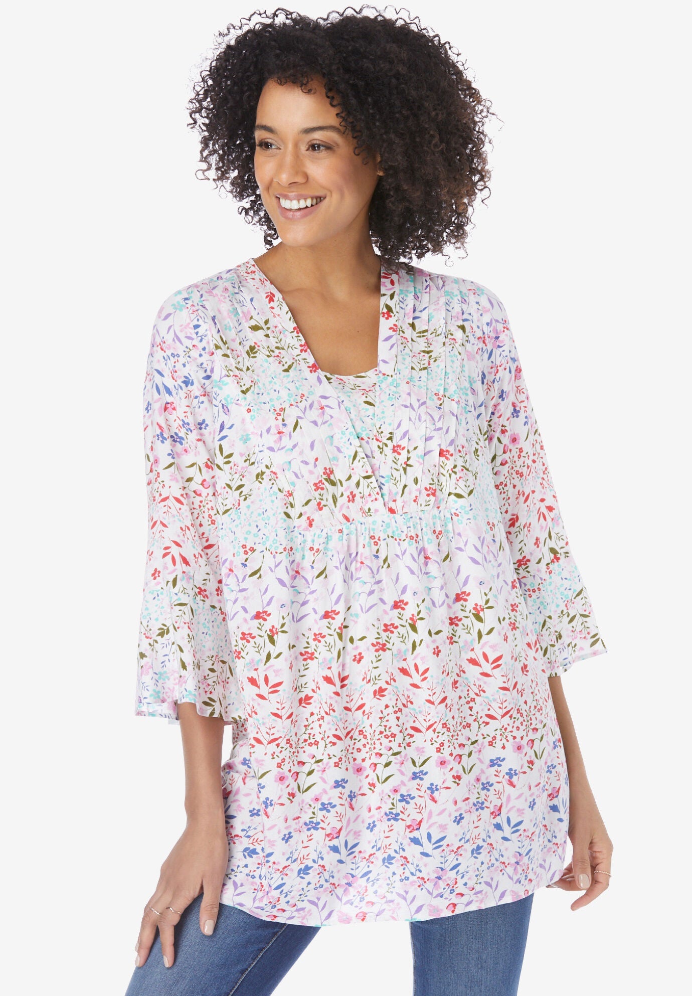 Bell-Sleeve V-Neck Tunic for Women - A-Line Shape, White Garden Print ...