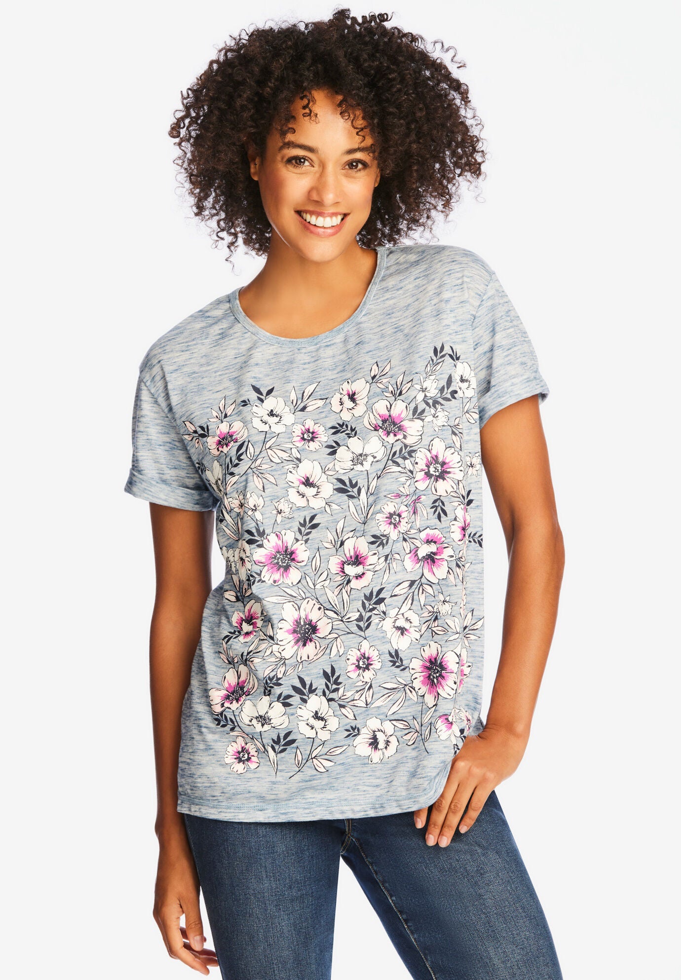 Marled Cuffed-Sleeve Tee for Women Plus Sizes, Dark Waterfall Marled ...
