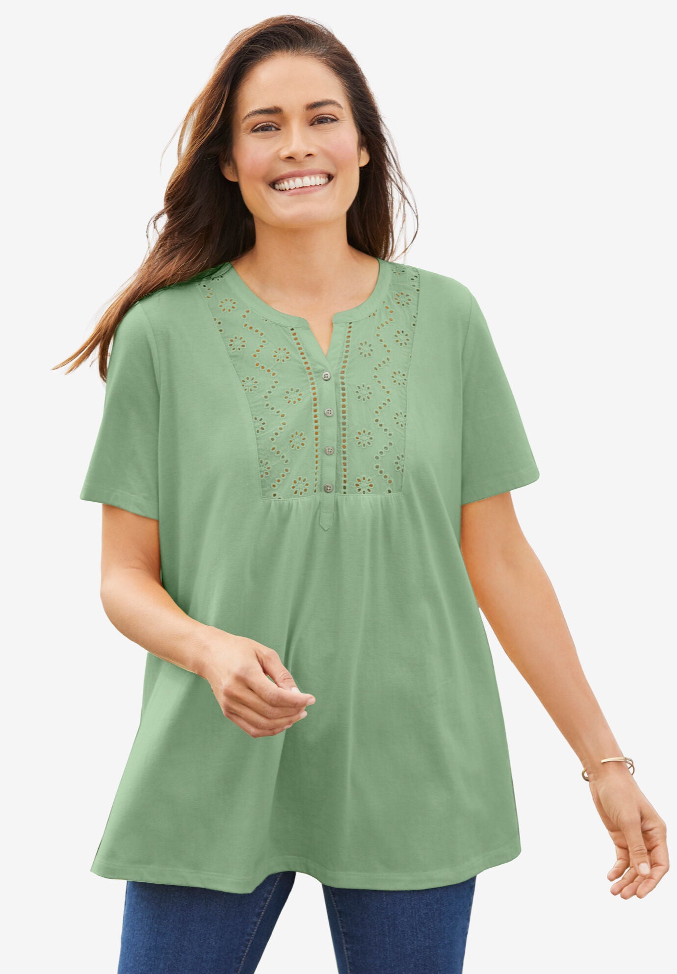Eyelet Henley Tee - Feminine Embroidered Top, French Blue | Woman Within