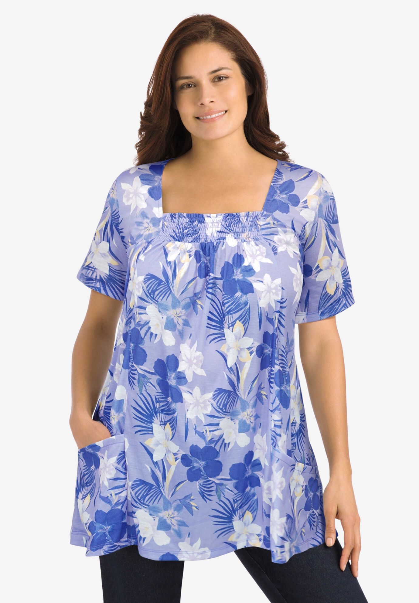 Smock Trapeze Tunic - 7-Day Wear Essential, Soft Iris Tropical Bloom ...