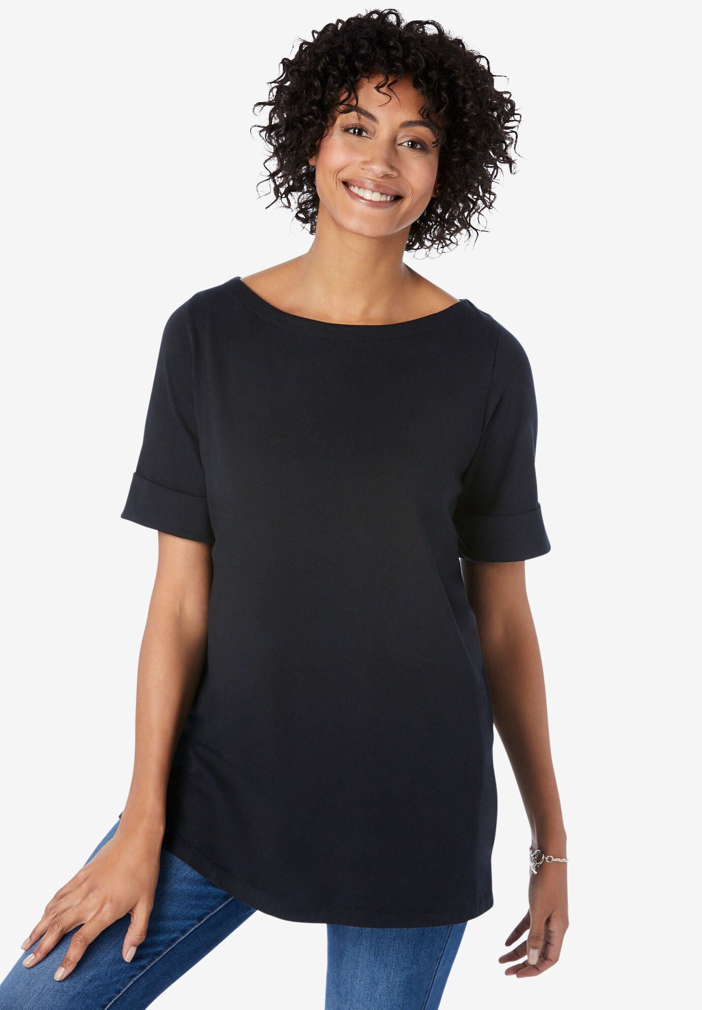 Perfect Boat-Neck Tee with Cuffed Sleeves, Black | Woman Within