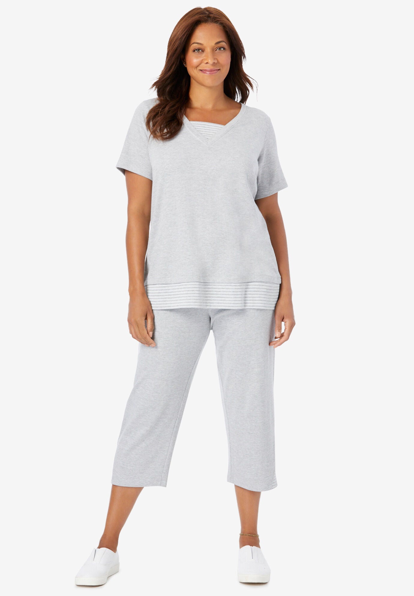 Striped Inset & Capri Pajama Set, Black Mini Stripe | Woman Within