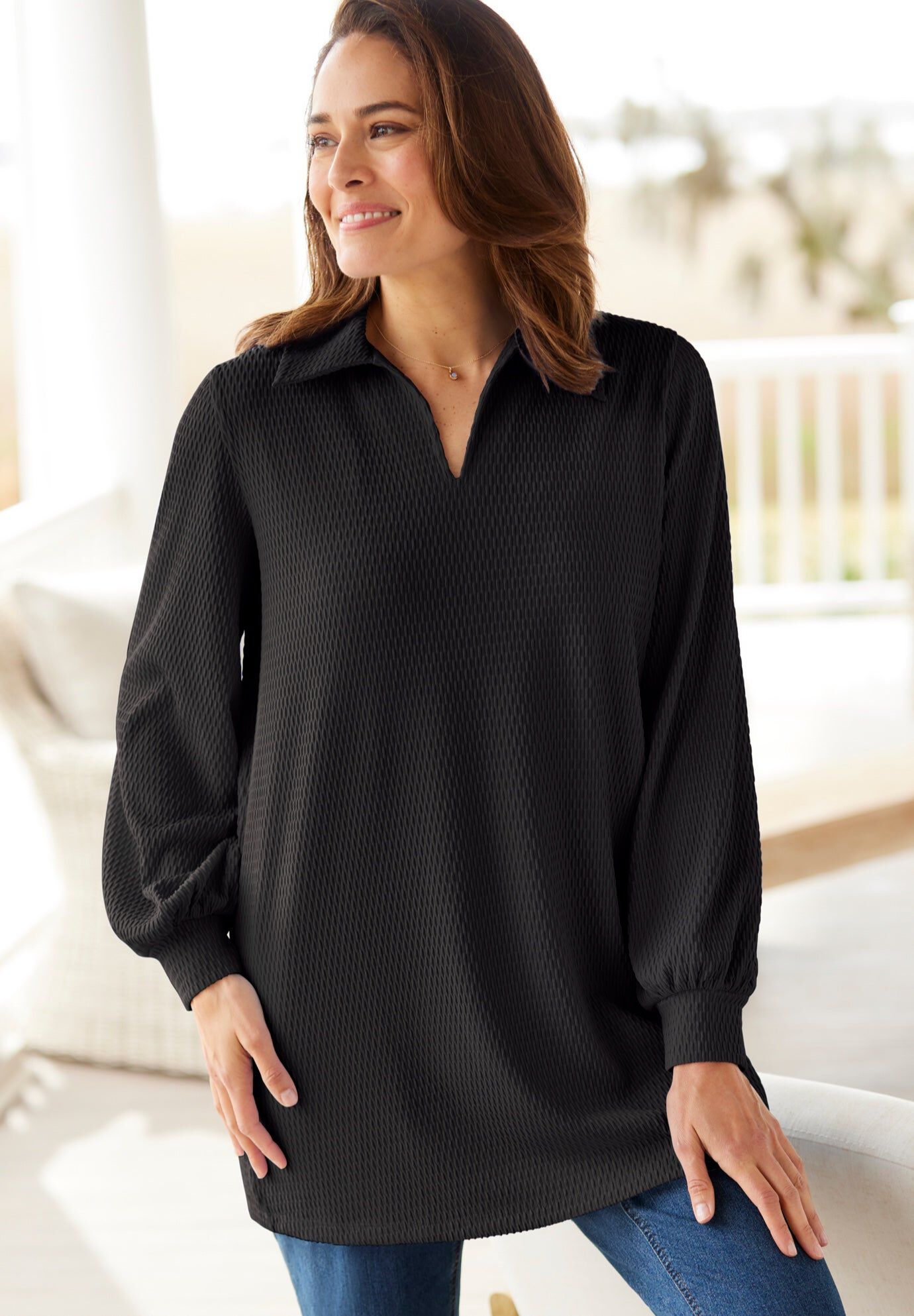 Blouson Sleeve Texture Tunic Top 30” Length, Oatmeal | Woman Within