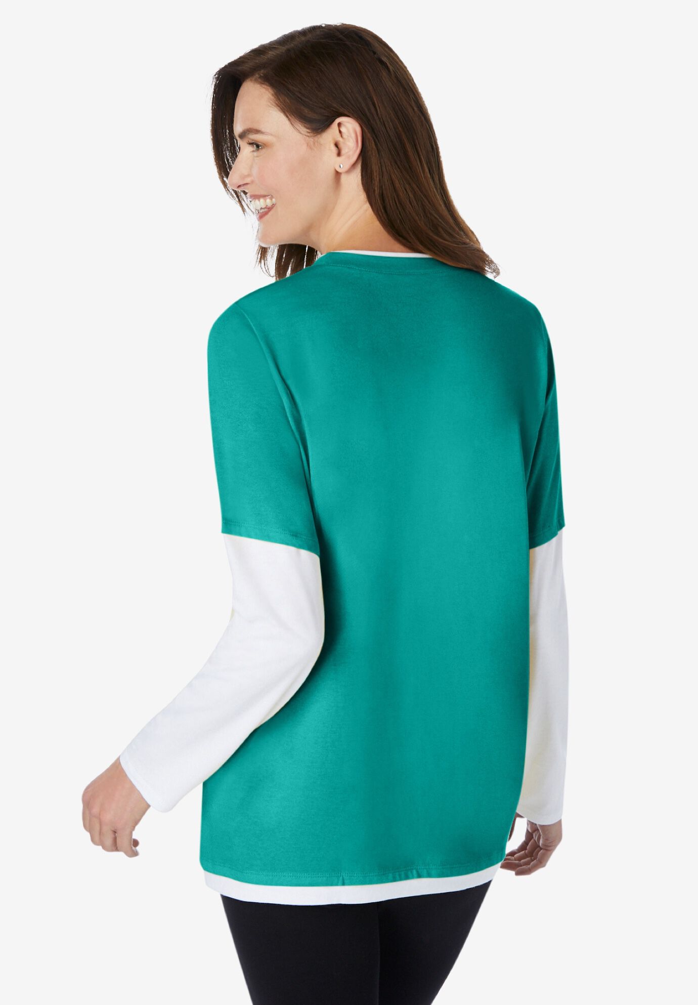 "Tee for Women - Layered-Look Crewneck", Waterfall | Woman Within