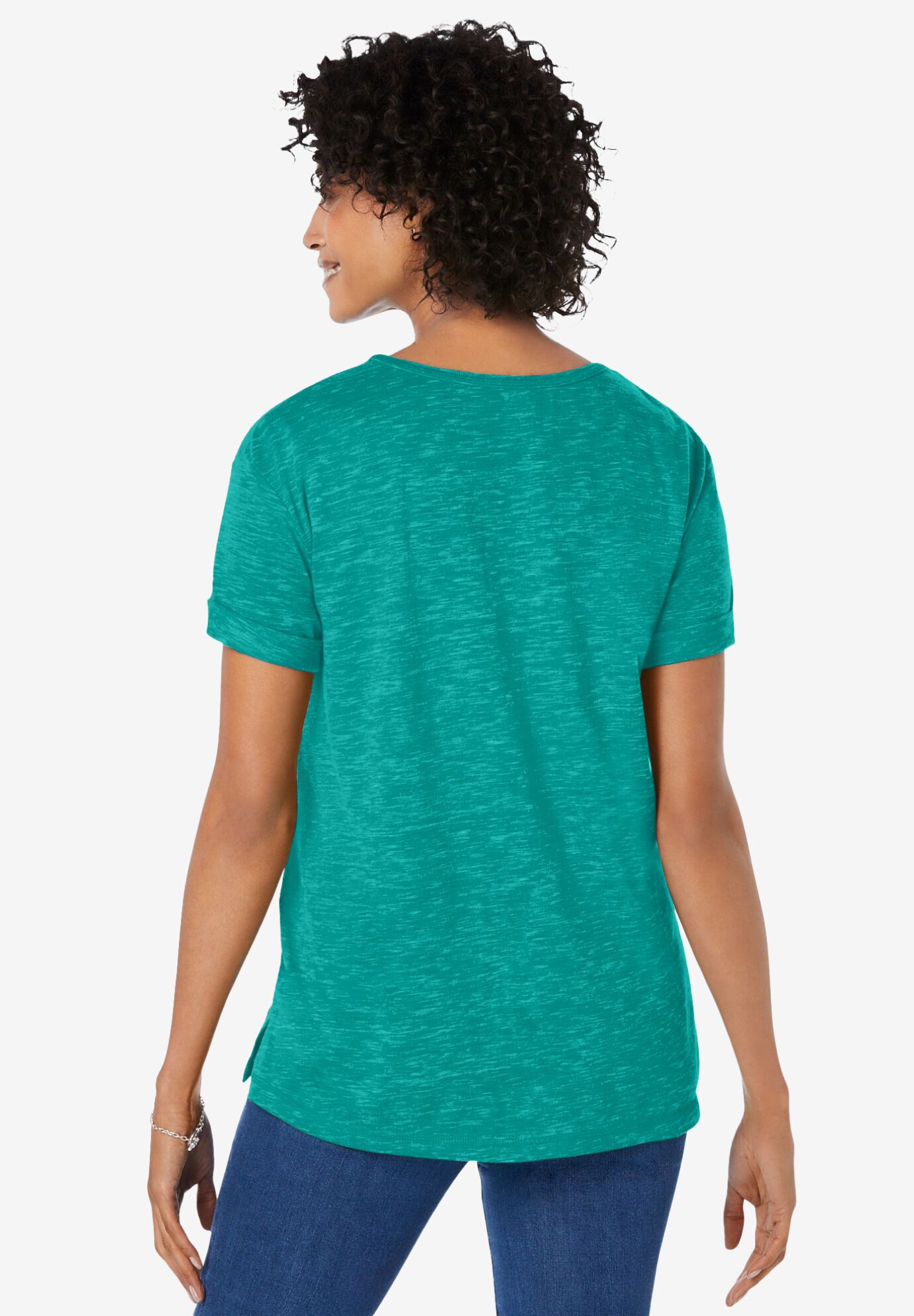 Marled Cuffed-Sleeve Tee for Women Plus Sizes, Dark Waterfall Marled ...
