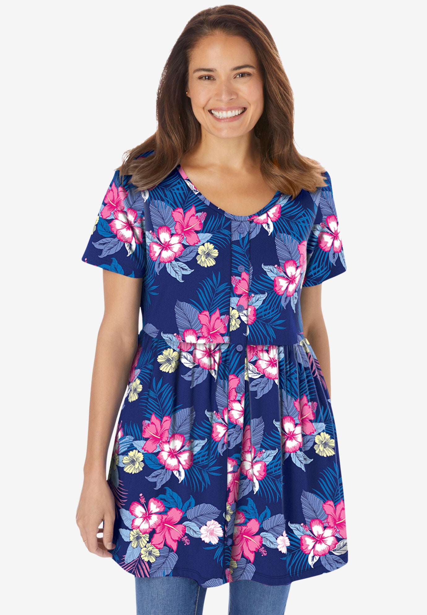 Short-Sleeve Empire Waist Tunic Top, Navy Hibiscus Tropicana | Woman Within
