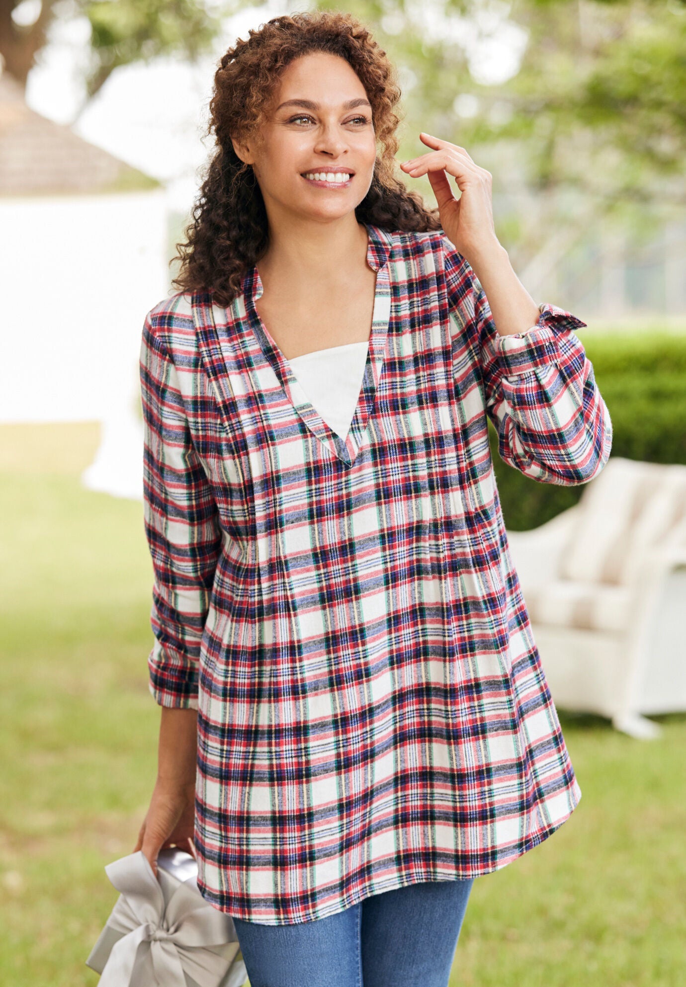 Flannel Tunic with Layered Look - Plus Size, French Blue Cozy Plaid ...