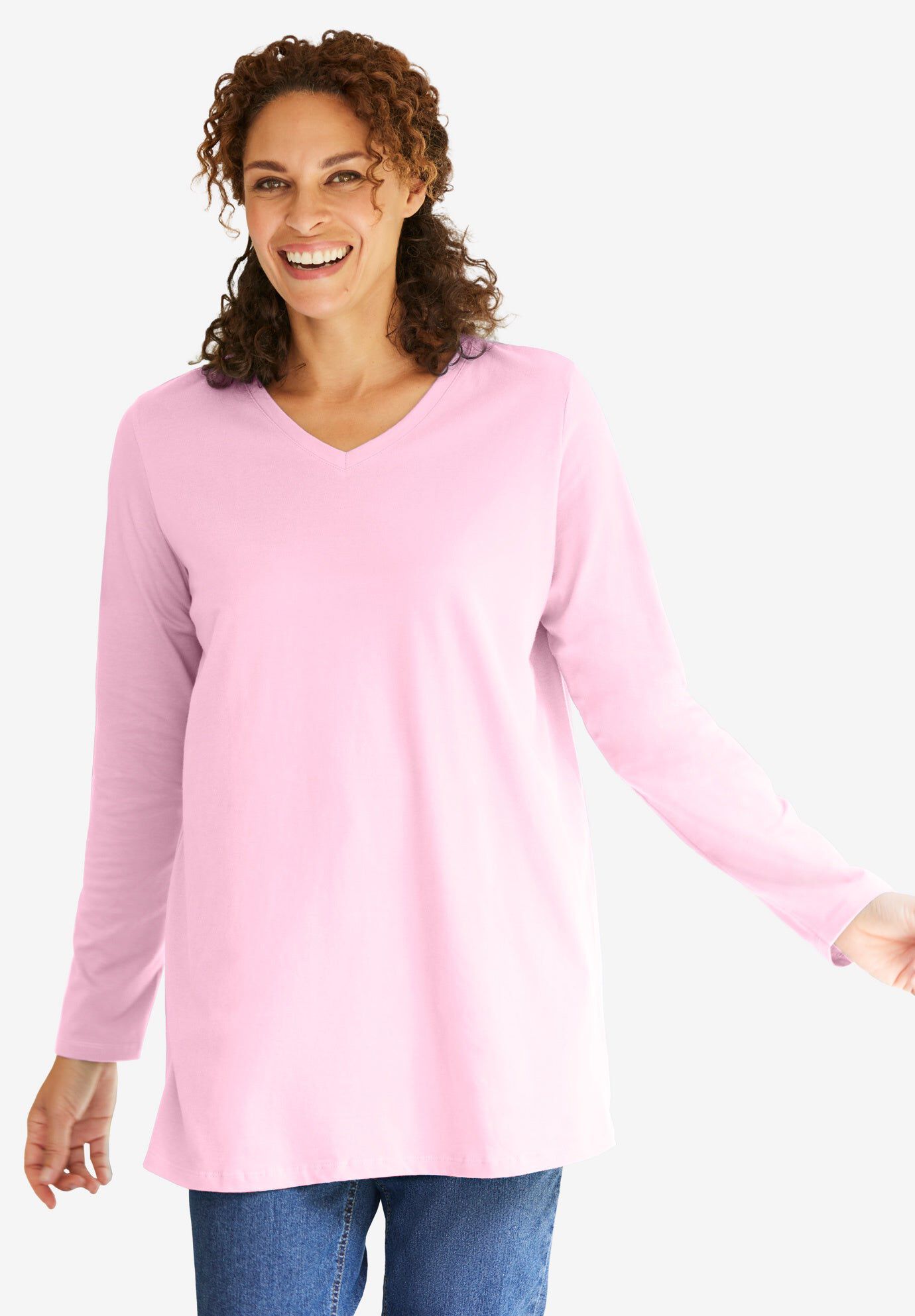 Perfect Long-Sleeve V-Neck Tunic - Best Seller, Pink | Woman Within