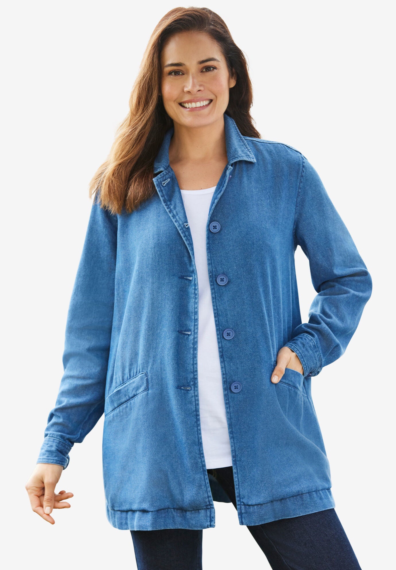 Pleat-Back Denim Jacket for Plus Sizes, Pine | Woman Within