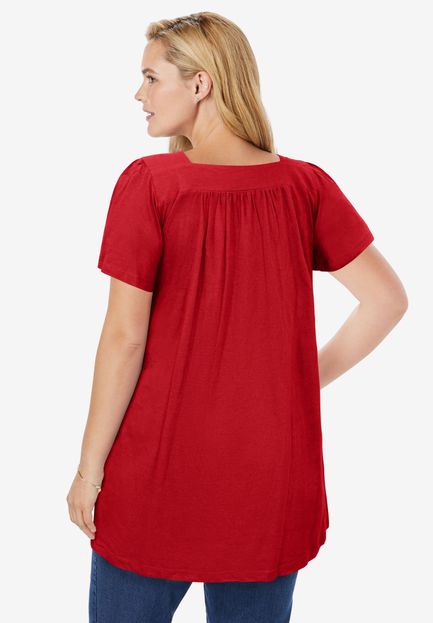 Embroidered Square Neck Tunic - 30" Length, Classic Red Multi ...
