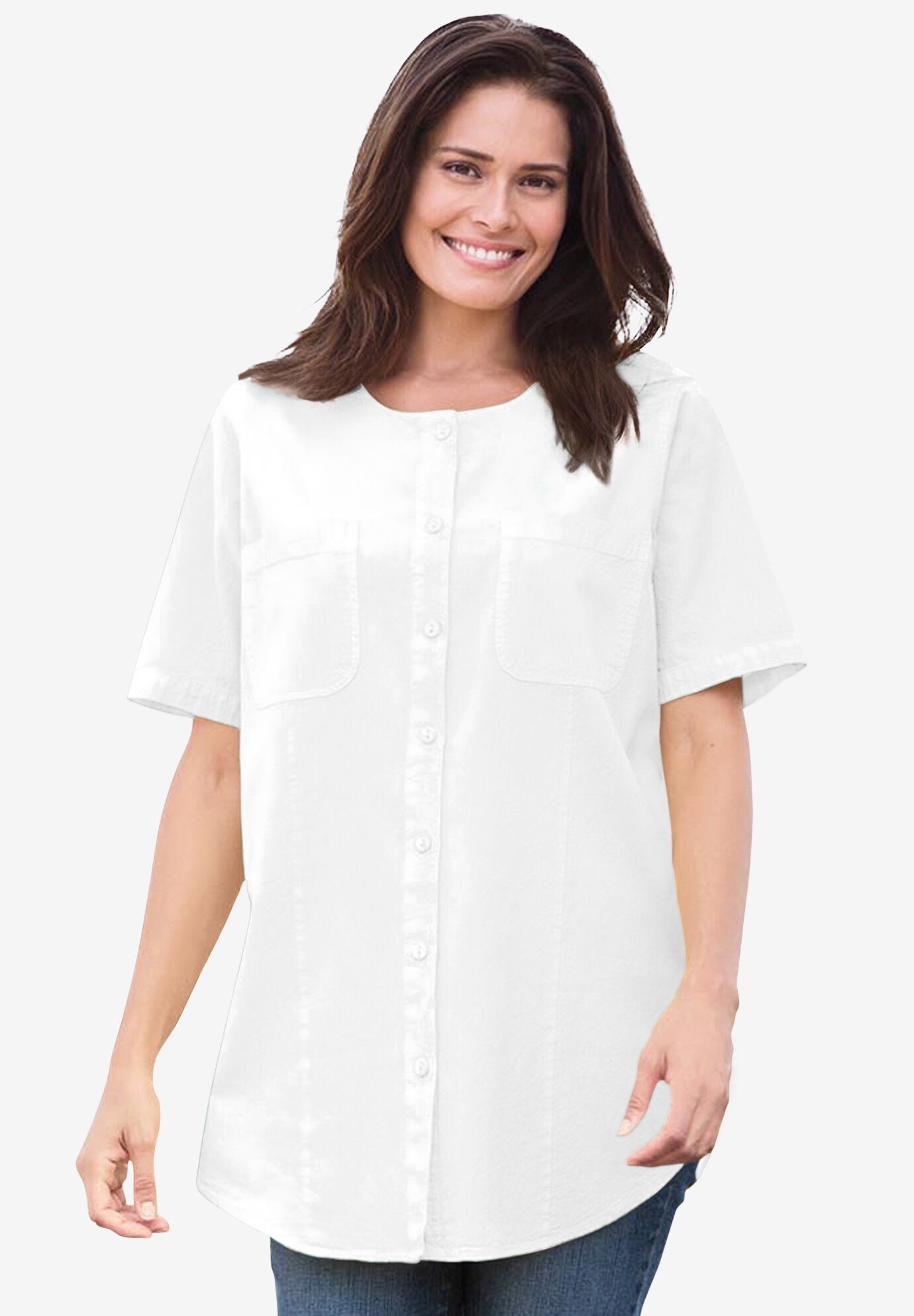 Short-Sleeve Crinkle Shirt - Relaxed Fit Cotton, White | Woman Within