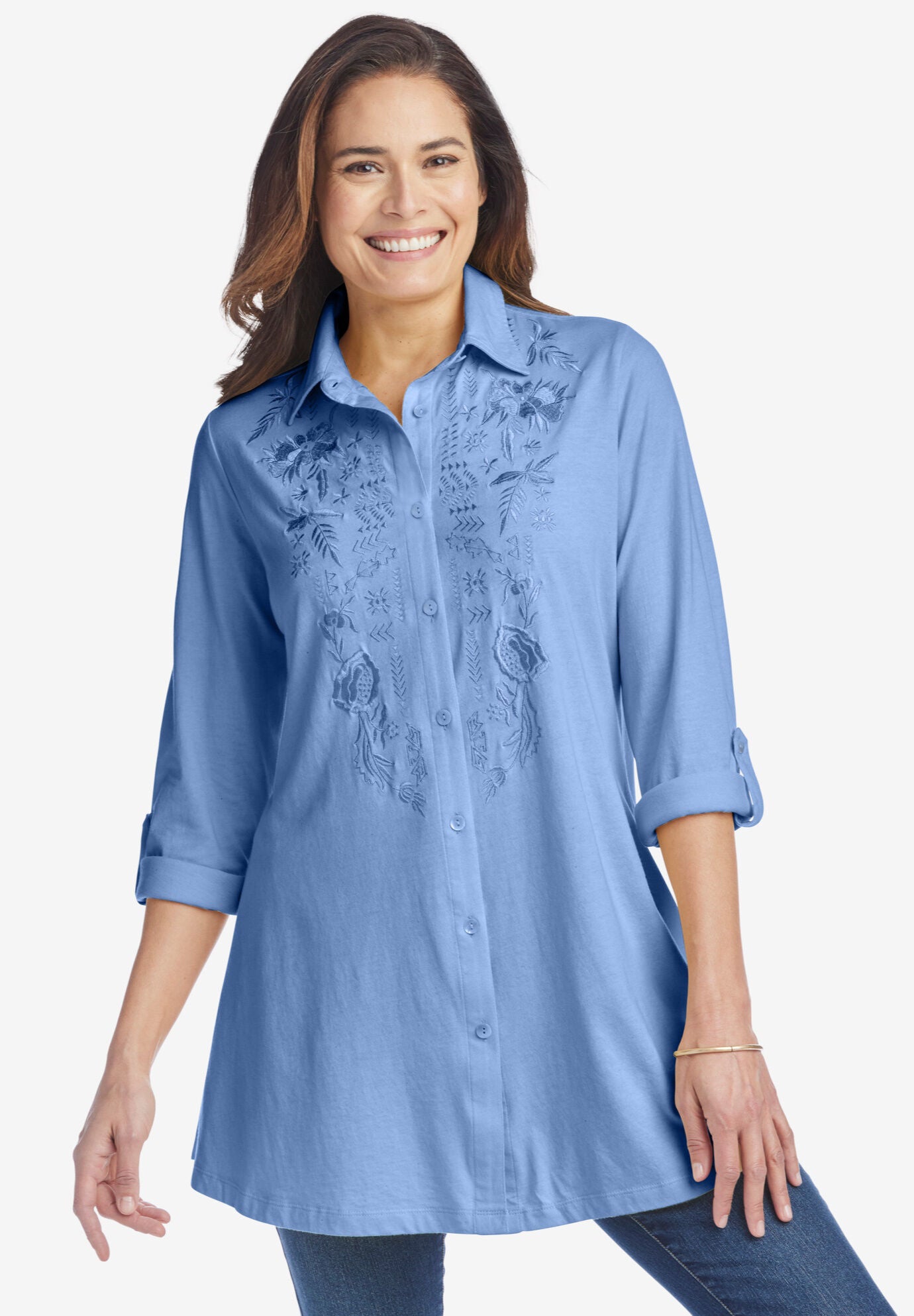 Button-Front Embroidered Tunic Shirt Collar, French Blue Embroidery ...