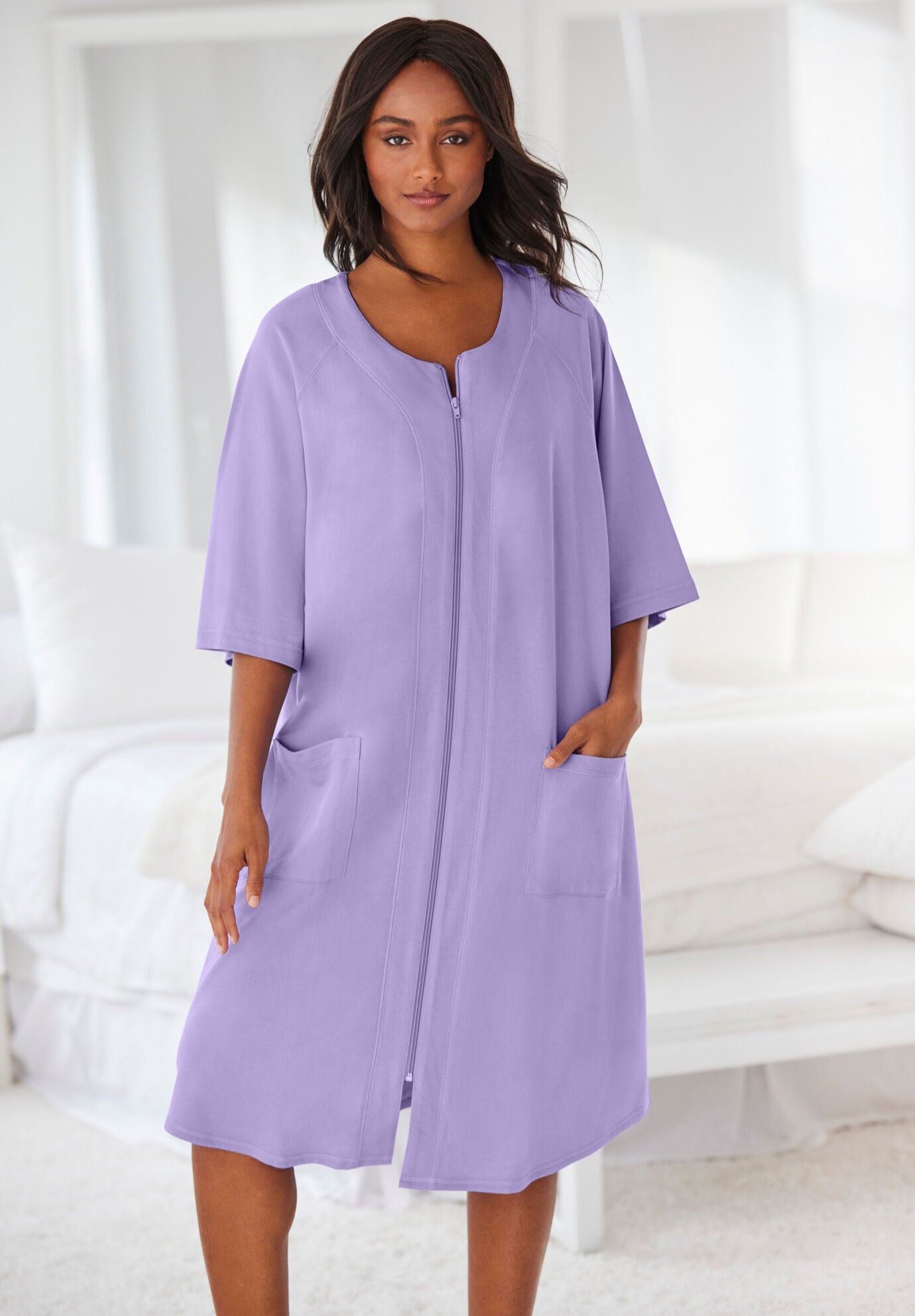 French Terry Short Zip-Front Lounge Robe, Heather Grey | Woman Within
