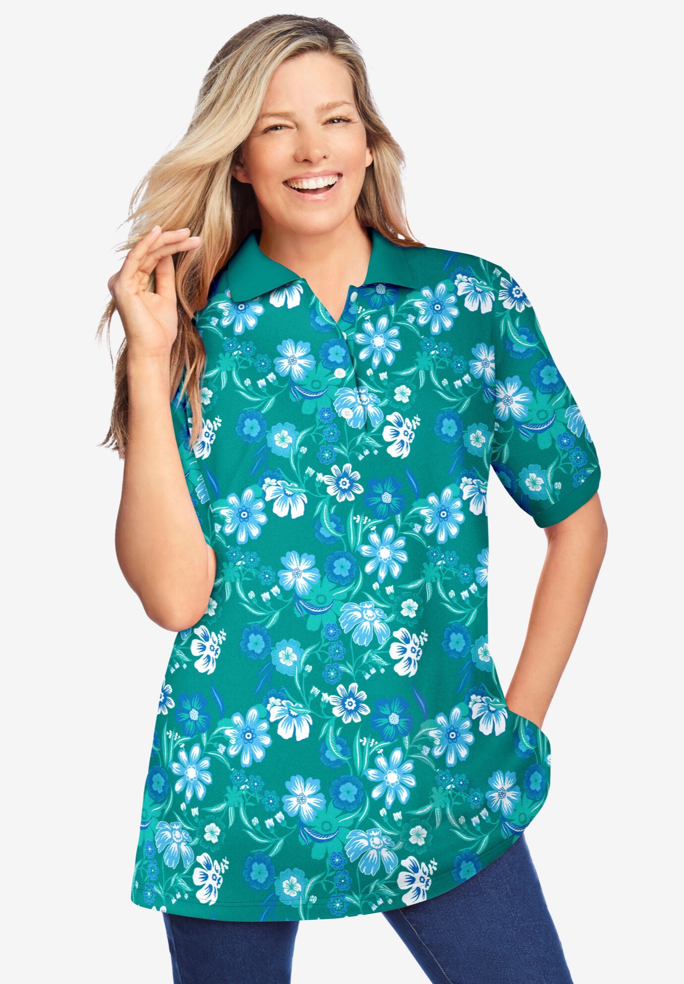 Elbow-Sleeve Polo Tunic for Women 30" Length, Black | Woman Within