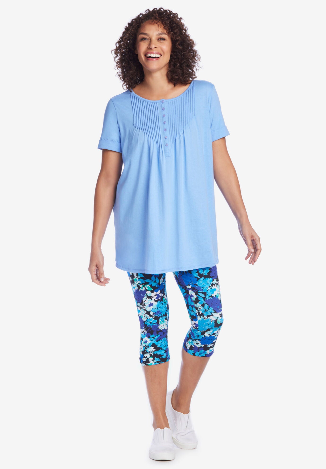 Short-Sleeve Pintucked Henley Tunic for Women, Pretty Jade Patchwork ...