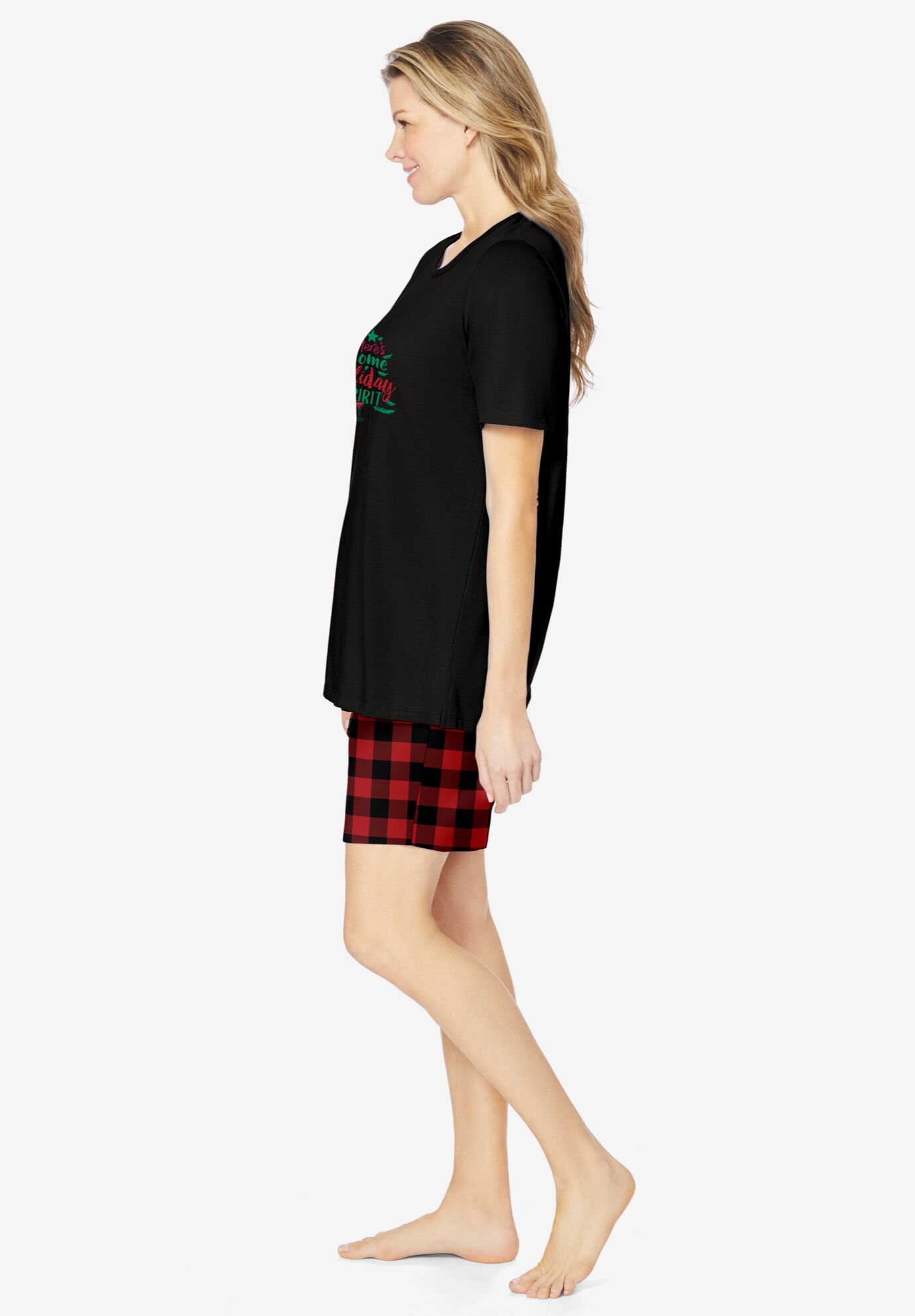 Cotton Knit PJ Short Set - Elastic Waist, Red Buffalo Plaid | Woman Within