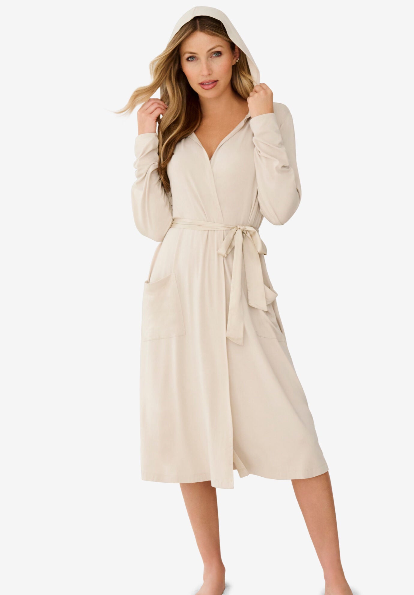 Plus Size Satin Hood Robe - Serenada Style, Stone | Woman Within