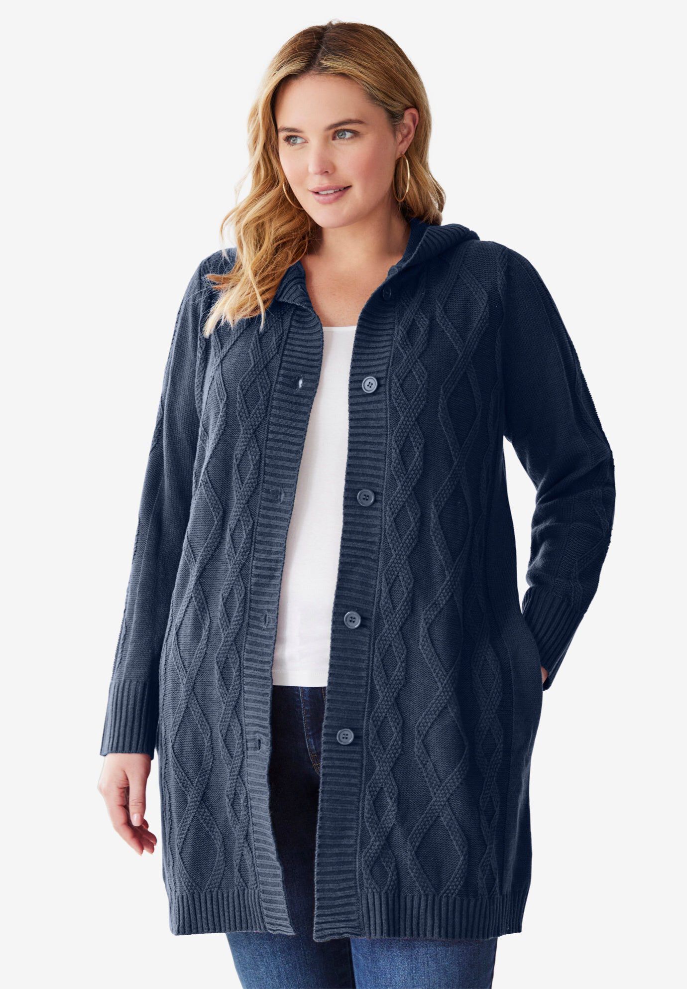 Hooded Cable Cardigan with Side Pockets, Black | Woman Within