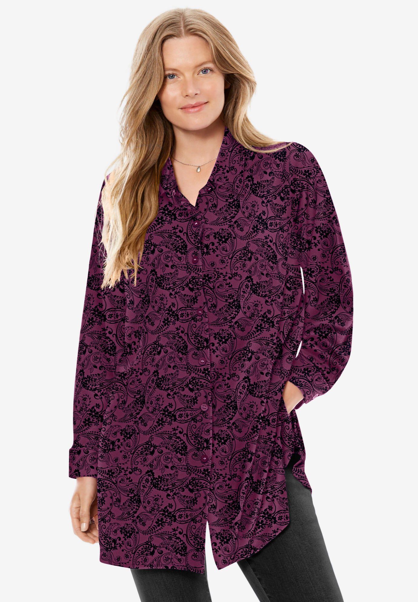 Plush Velour Shirt - Soft Relaxed Fit, Deep Claret Floral Paisley ...