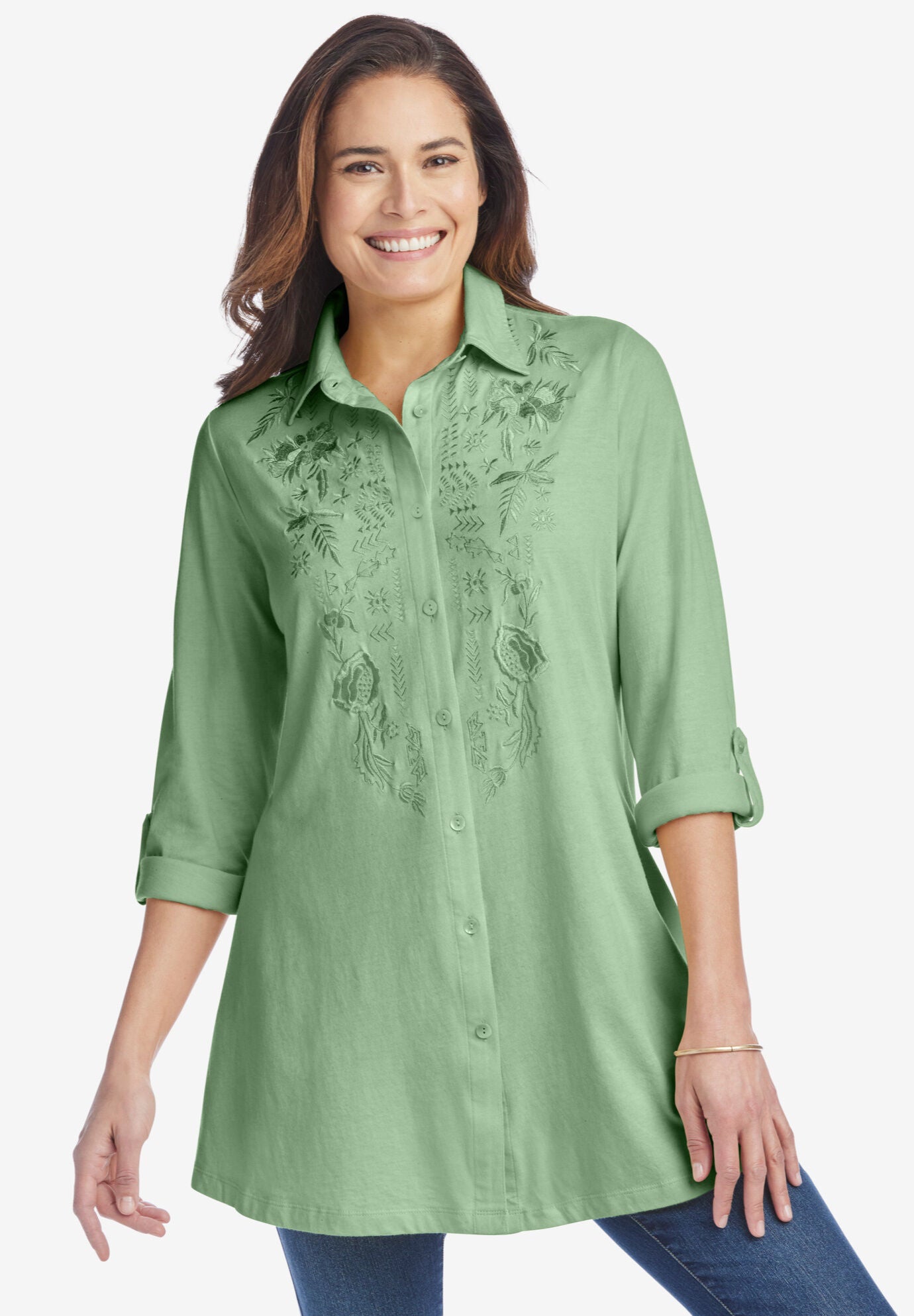 Button-Front Embroidered Tunic Shirt Collar, Sage Embroidery | Woman Within