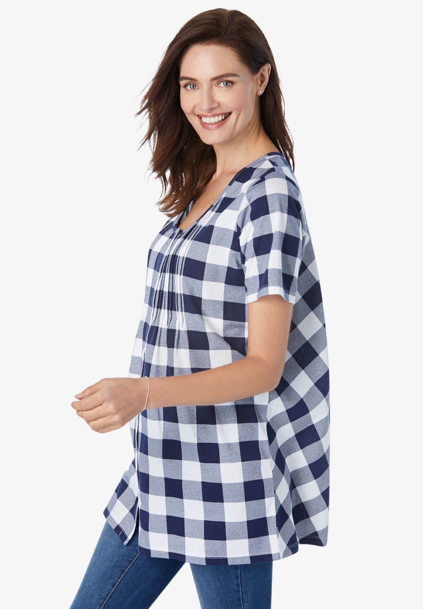 A-Line Knit Tunic with Button Front, Raspberry Sorbet Buffalo Plaid ...