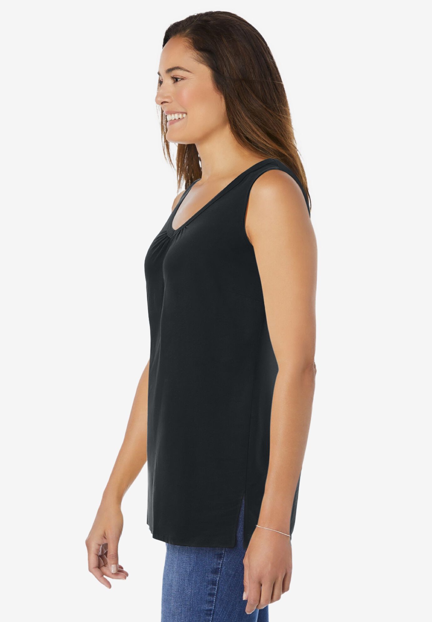 Sleeveless Shirred V-Neck Tunic for Women, Black | Woman Within
