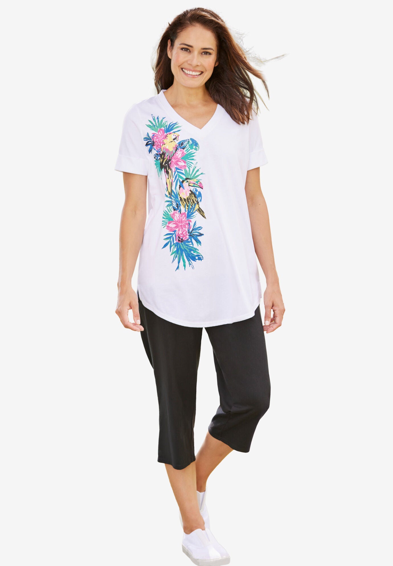 V-Neck Tunic & Capri Set - Relaxed Knit, White Multi Tropical | Woman ...