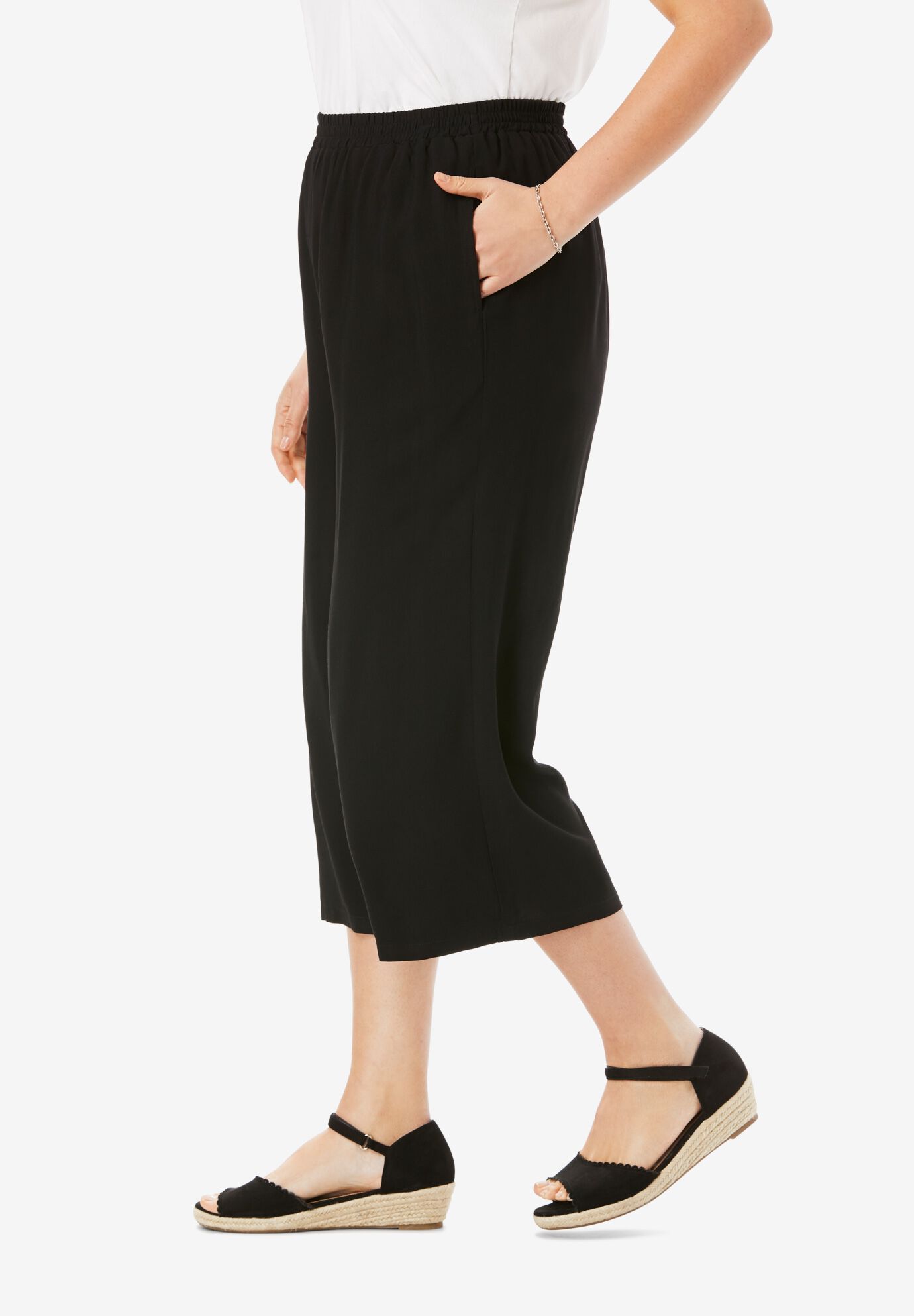 Pull-On Soft Elastic Waist Capri for Summer, Black | Woman Within