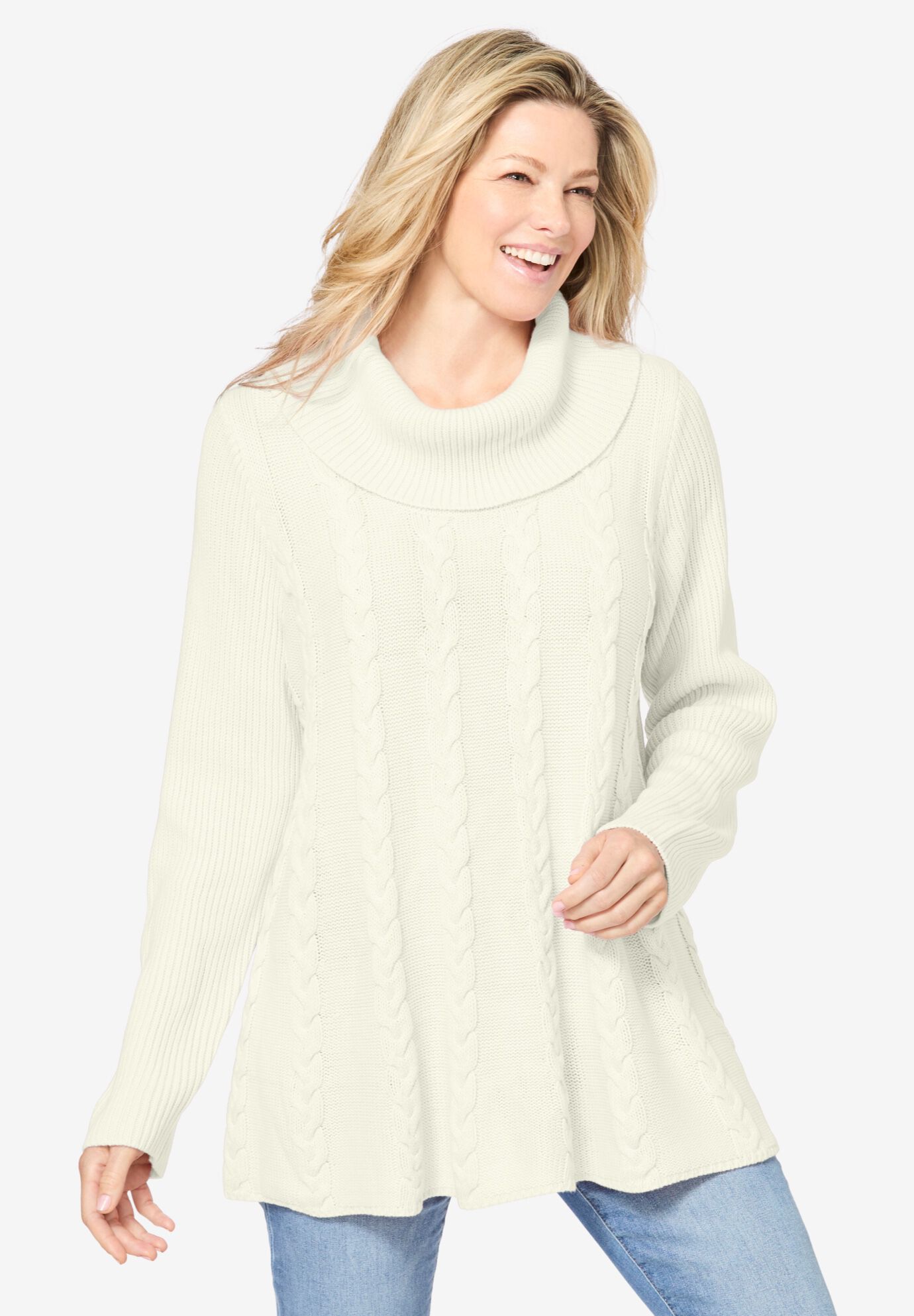 Cowl Neck Cable Knit Swing Sweater | Woman Within