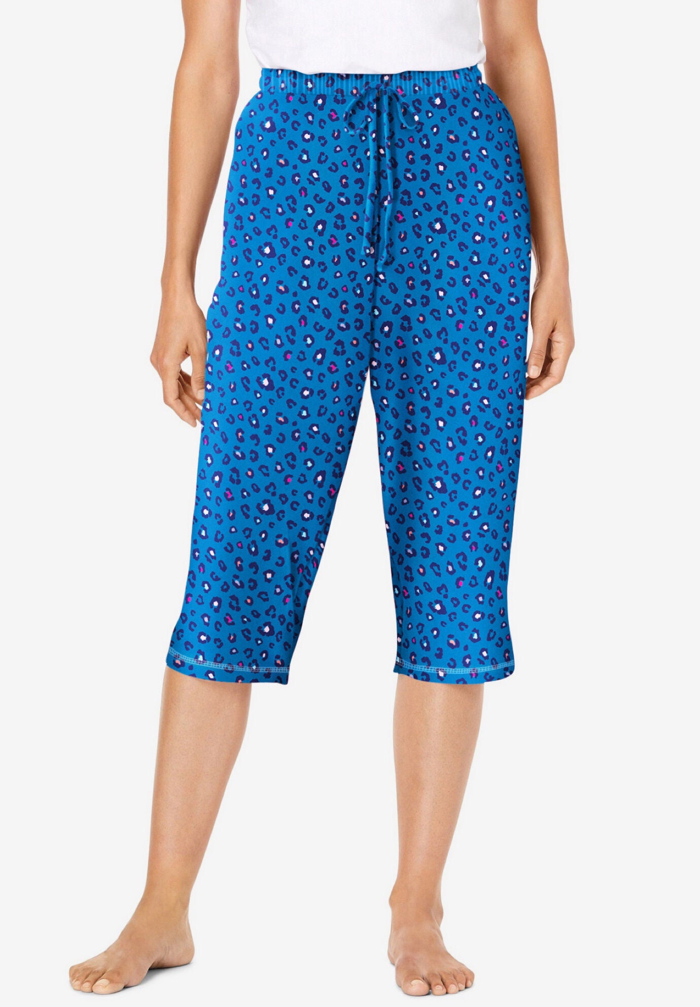 Cotton Knit Sleep Capri Pajama Pants 18" Inseam, Pool Blue Animal ...