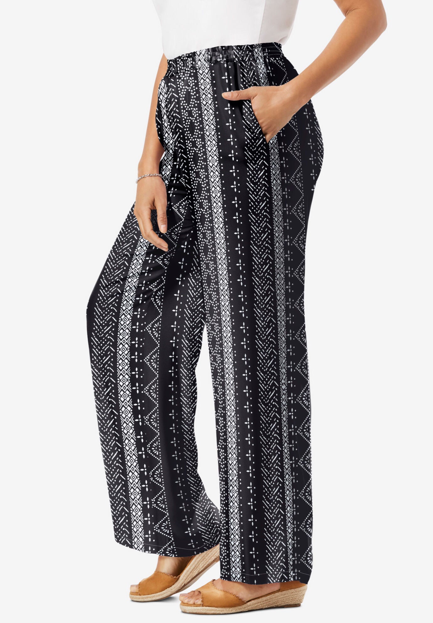 Pull-On Elastic Waist Wide-Leg Pants, Black Batik Stripe | Woman Within