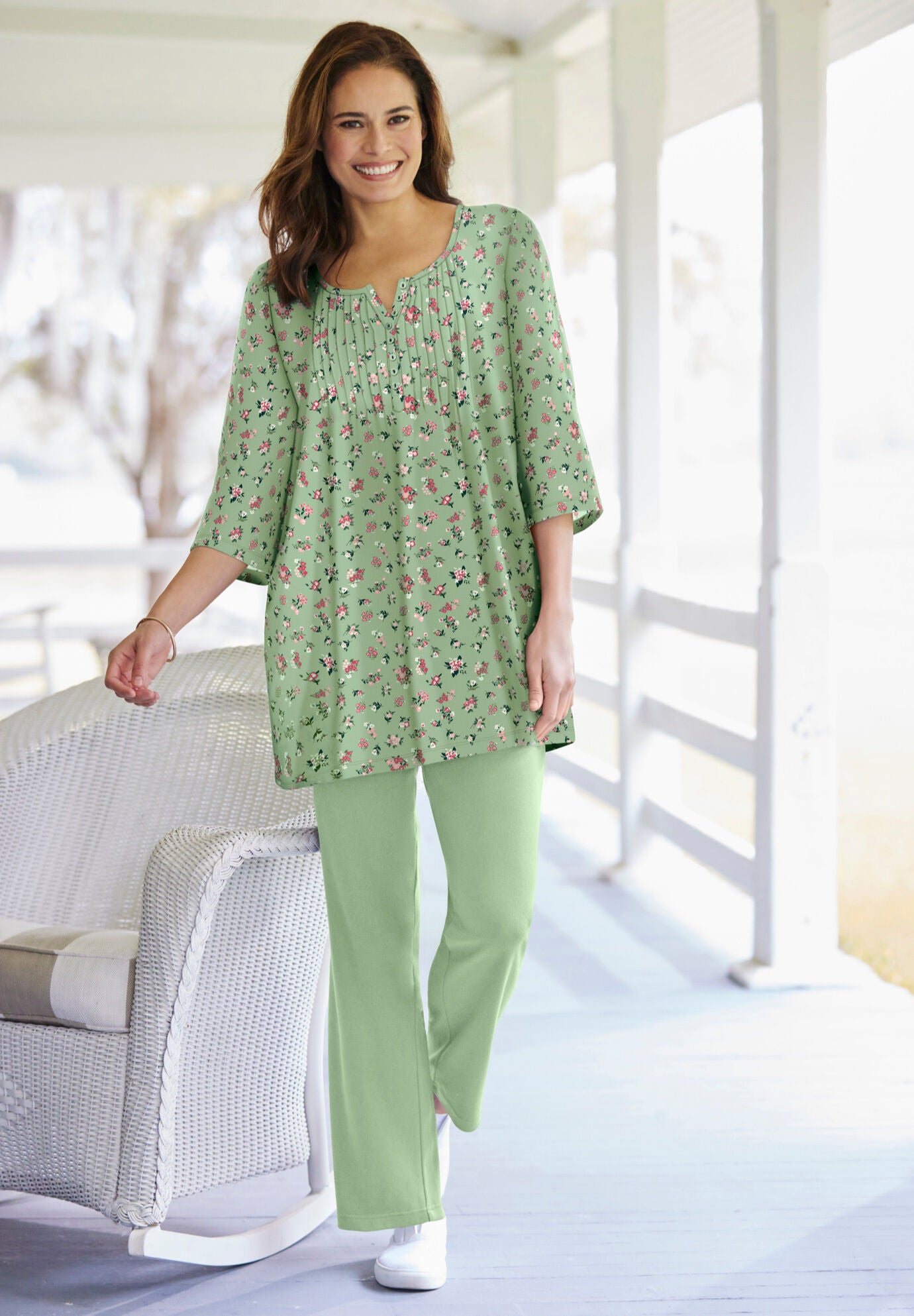 7-Day Three-Quarter Sleeve Pintucked Henley Tunic | Woman Within