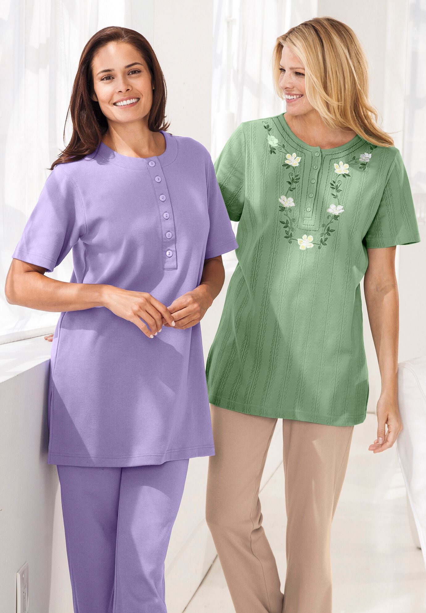Embroidered Pointelle Tunic - 7-Day Design, Ivory Floral Embroidery ...