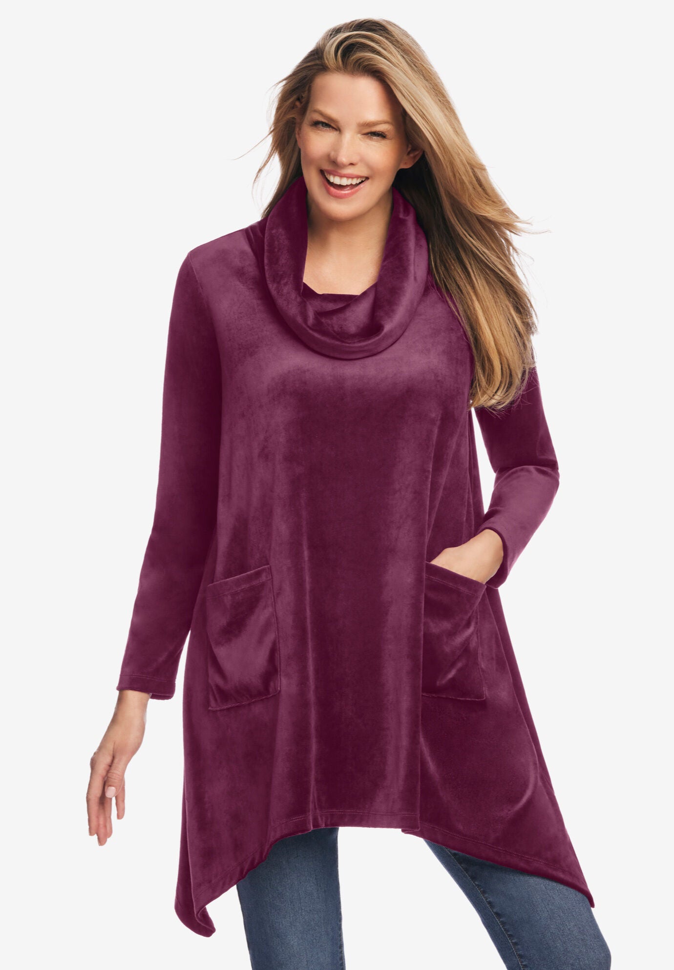 Velour Cowl Neck Tunic with Pockets - 30" Length, Deep Claret | Woman ...