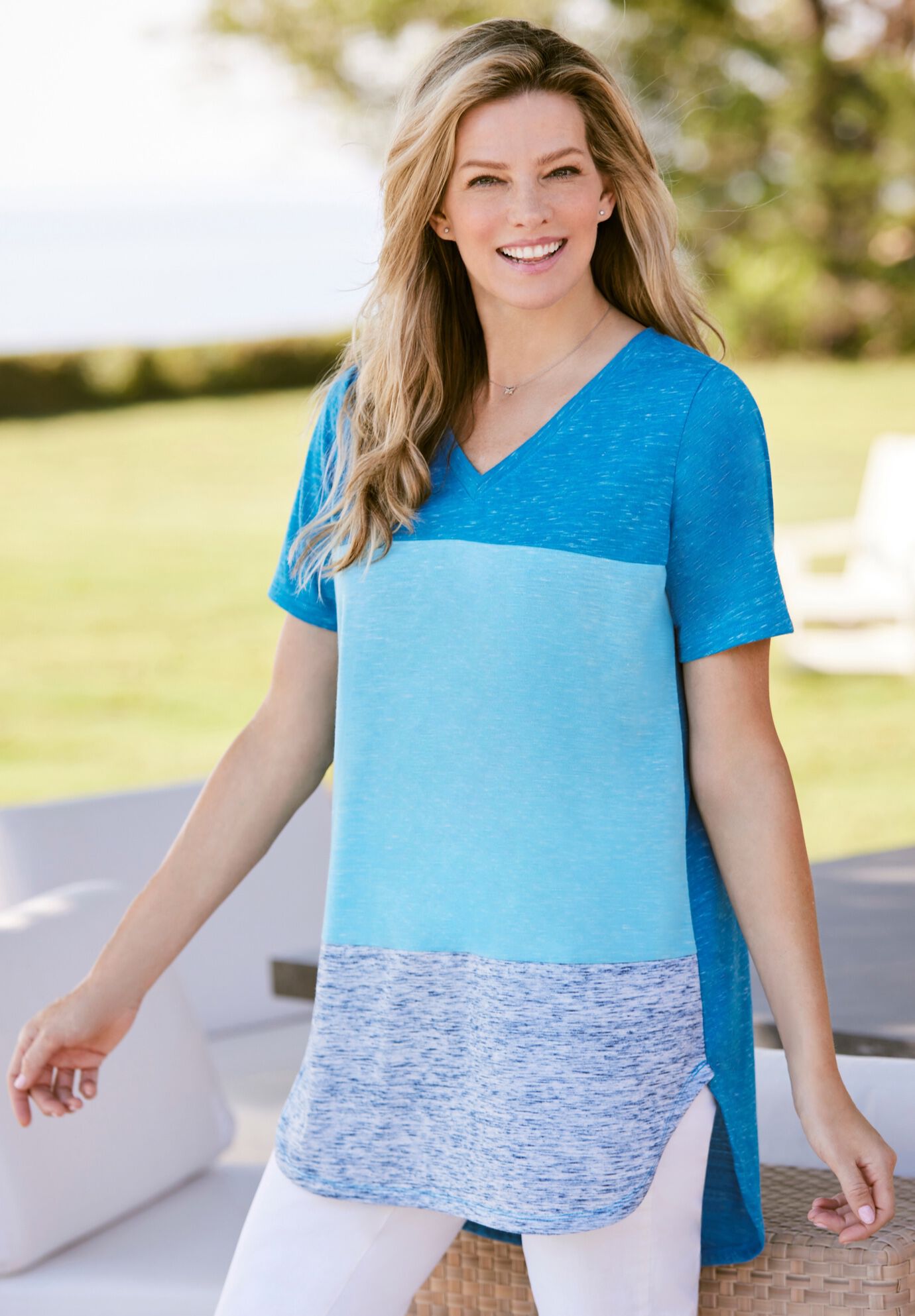 Marled V-Neck Tunic with Side Hem Slits, Dark Black Marled | Woman Within