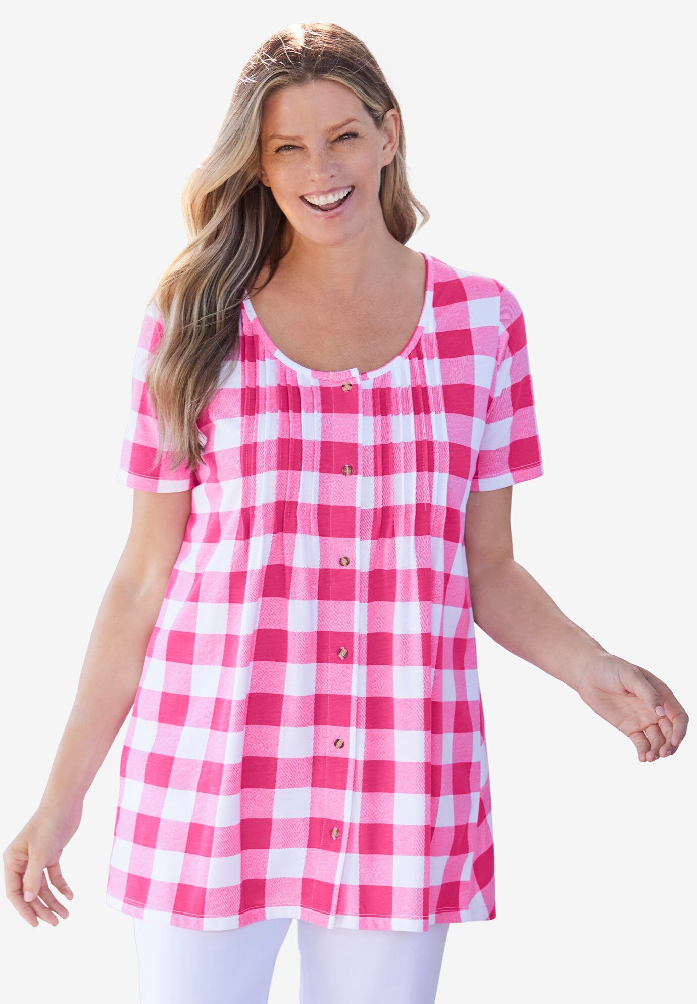 A-Line Knit Tunic with Button Front, Pretty Jade Buffalo Plaid | Woman ...