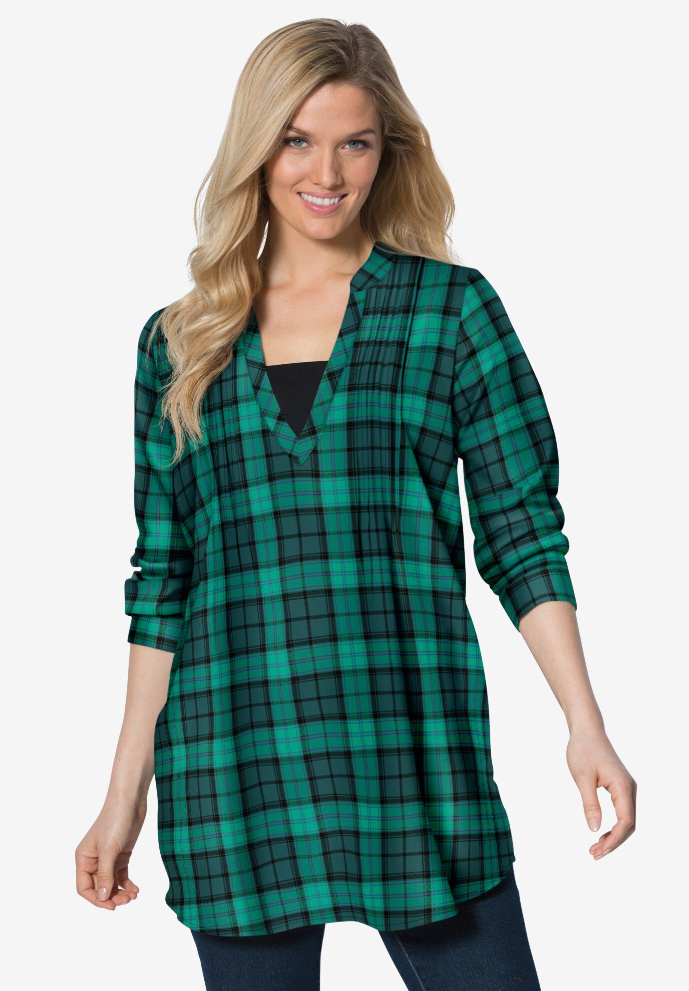 Flannel Tunic with Layered Look - Plus Size, Rich Jade Plaid | Woman Within