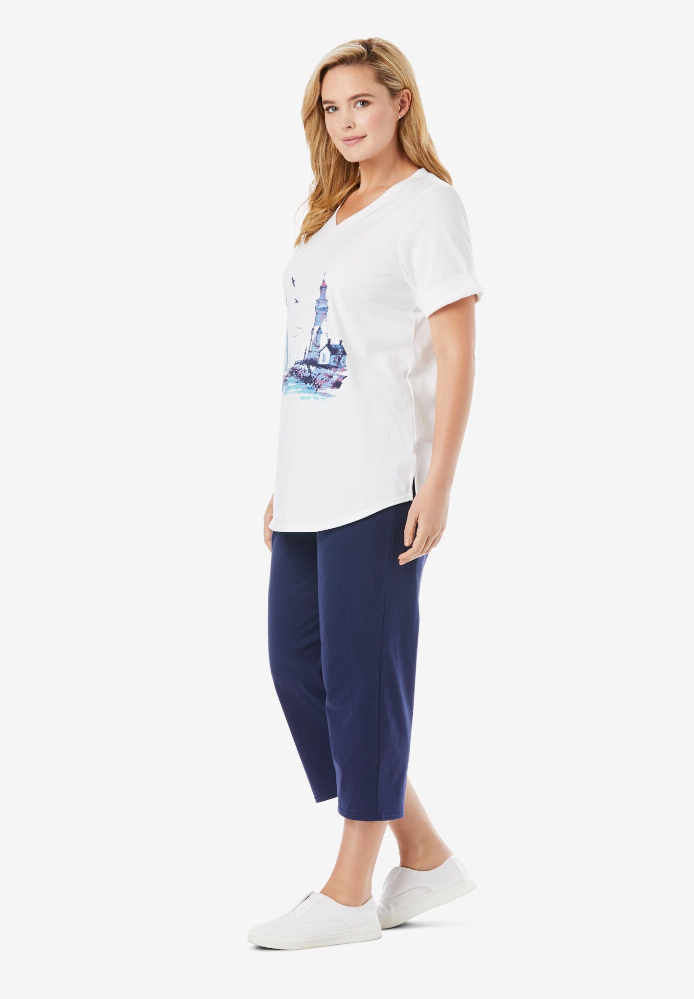 V-Neck Tunic & Capri Set - Relaxed Knit, Navy Seaside | Woman Within