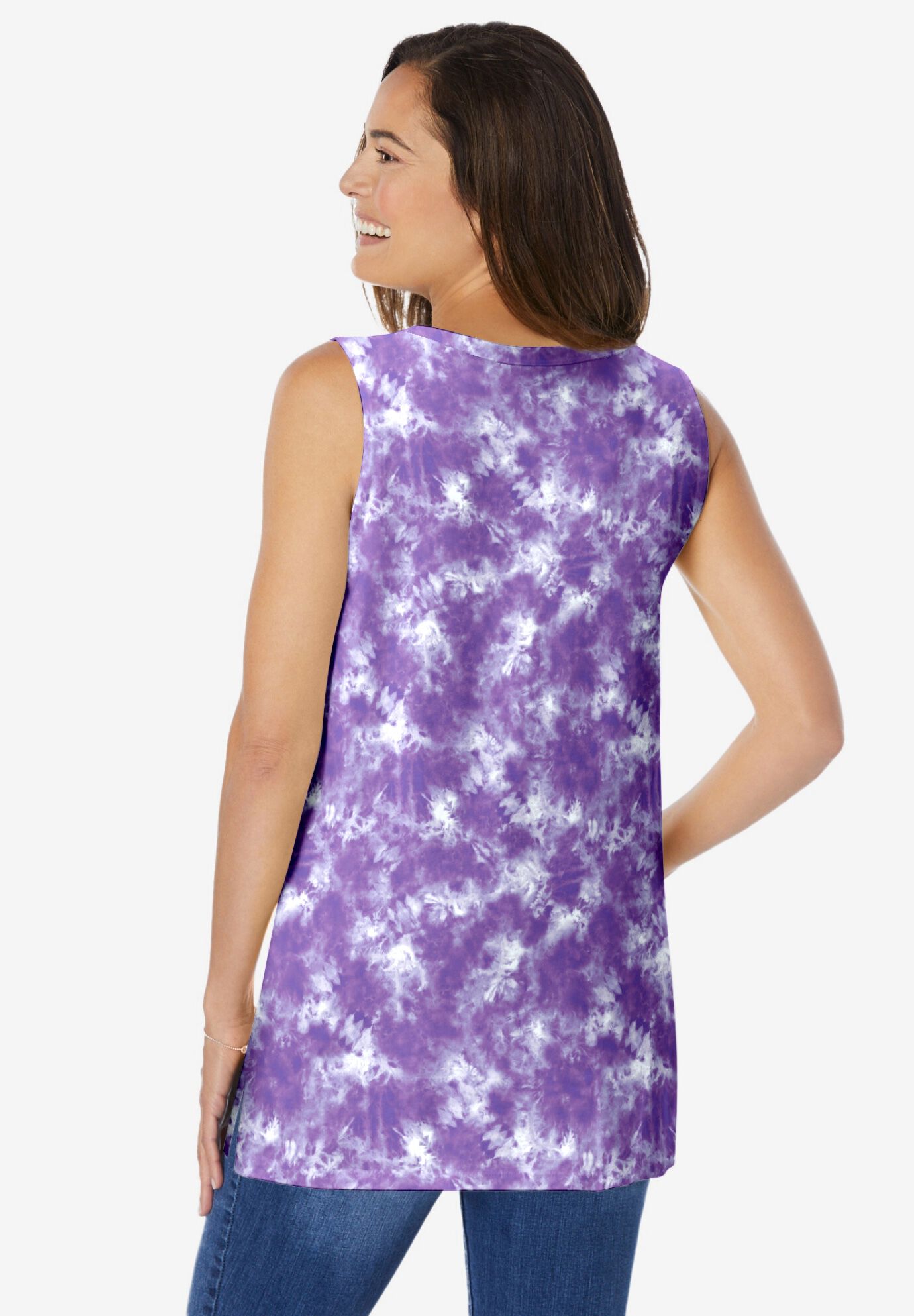 Sleeveless Shirred V-Neck Tunic - Perfect Print, Petal Purple Tie Dye ...