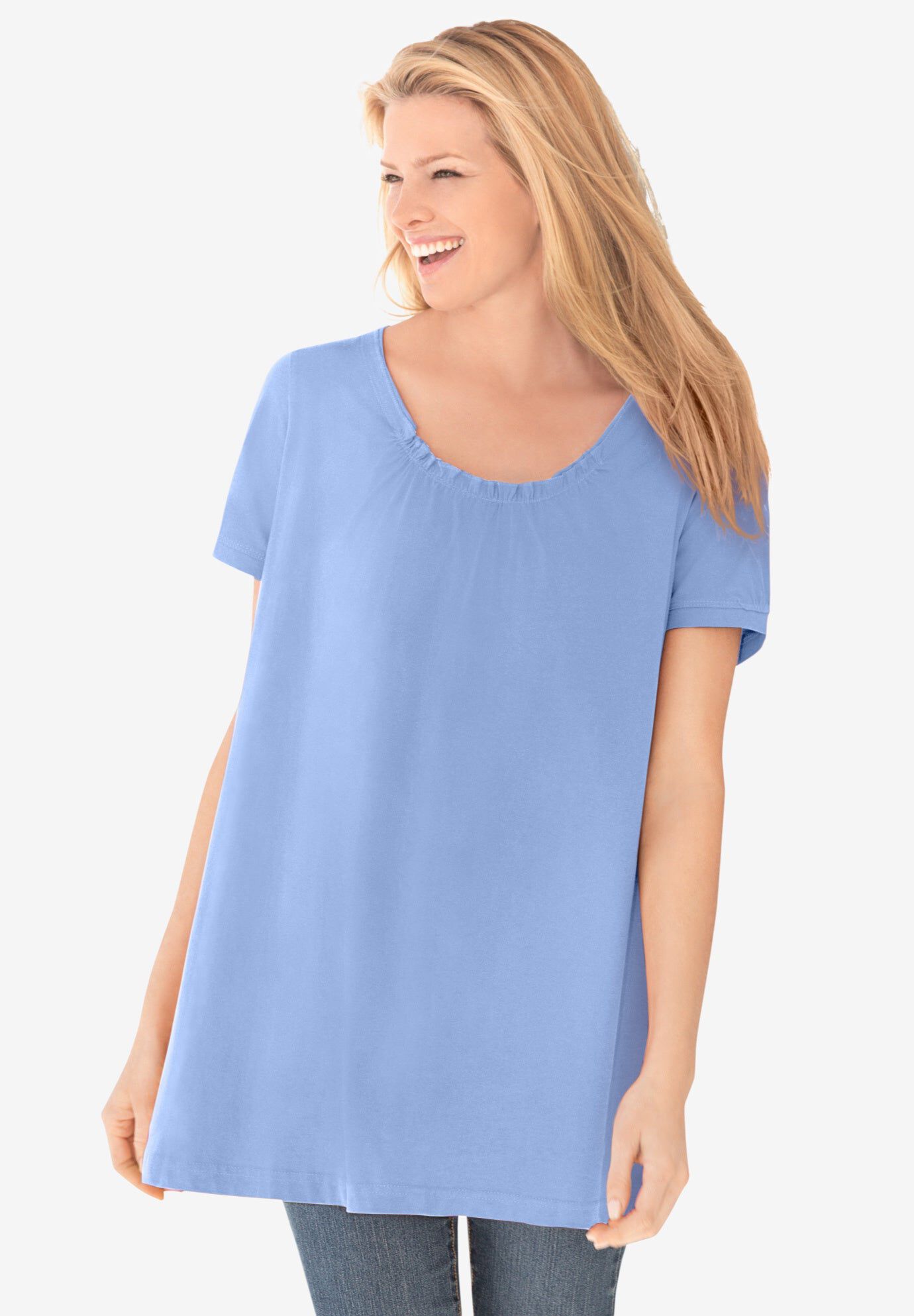 Shirred U-Neck Tunic - Short-Sleeve Perfect, French Blue | Woman Within