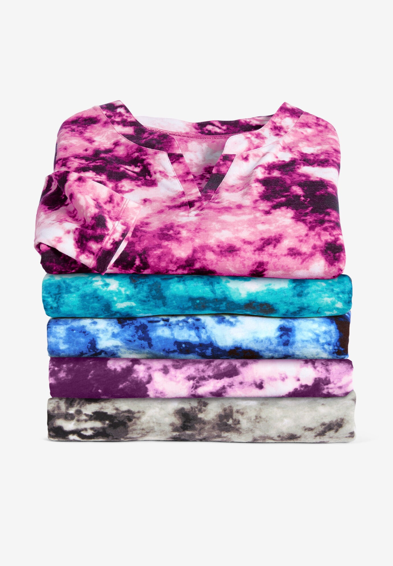 Three-Quarter Sleeve Knit Notch-Neck Tunic, Raspberry Pretty Tie-dye ...